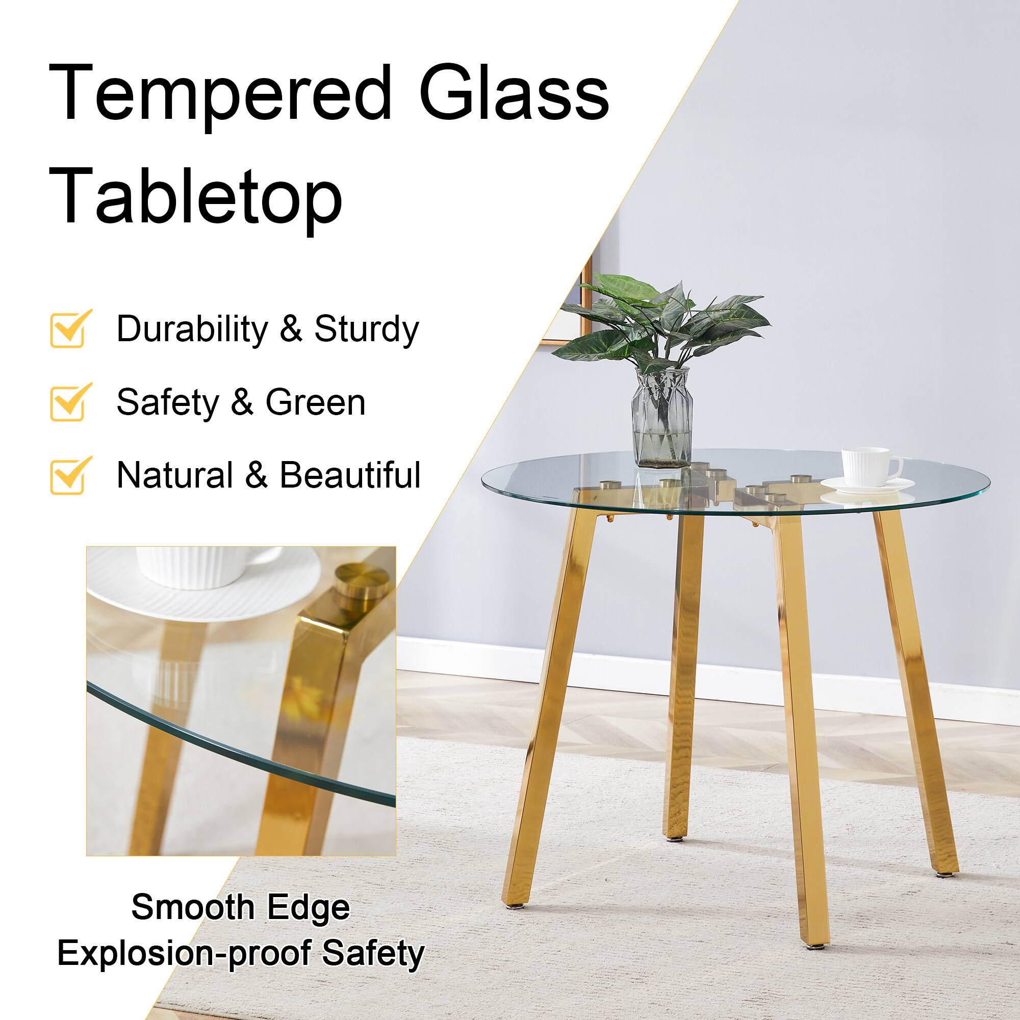 TinyHomie Modern Luxurious Round Tempered Glass Dining Table Gold 7 ...