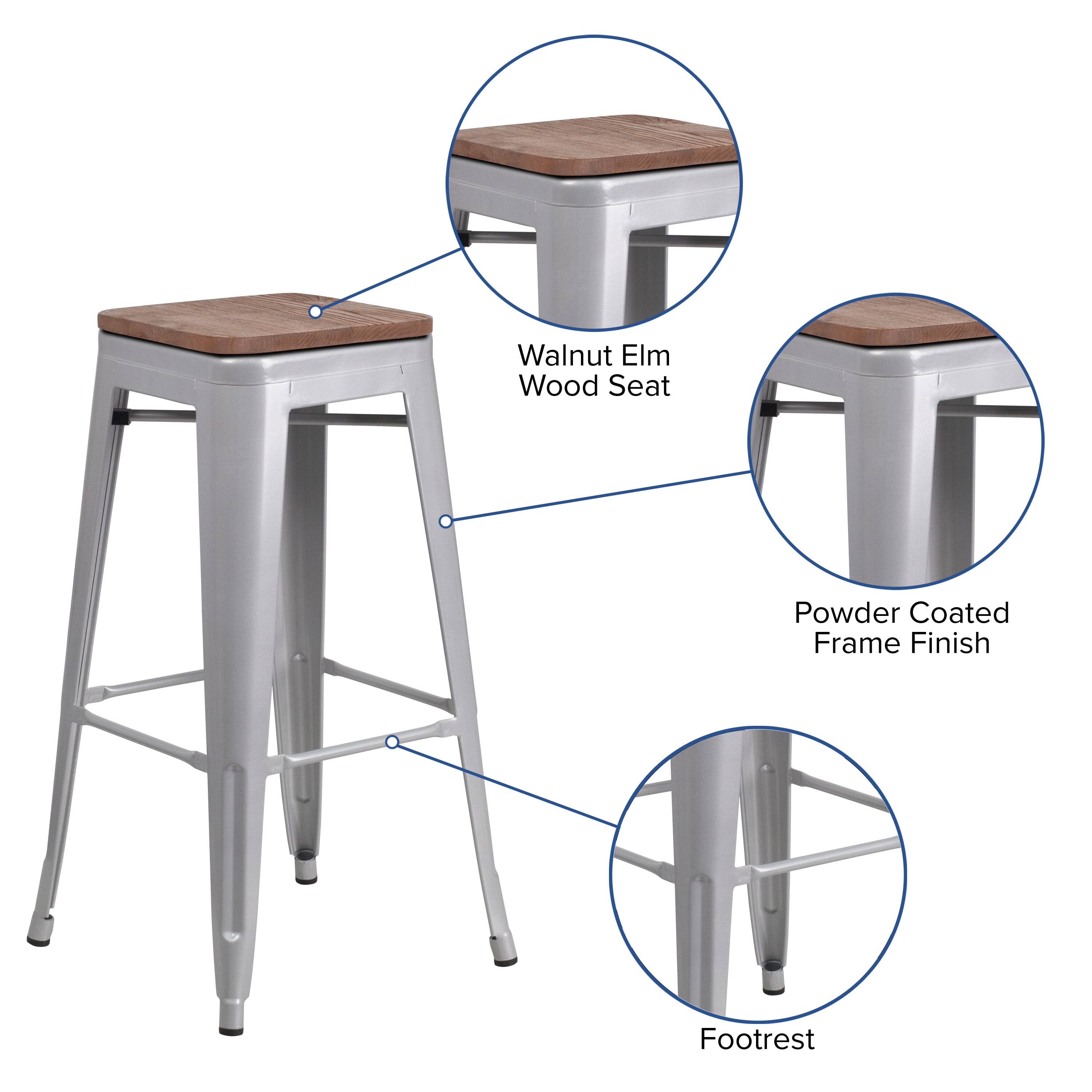 Emma + Oliver 30"H Backless Metal Barstool with Wood Seat Silver ...