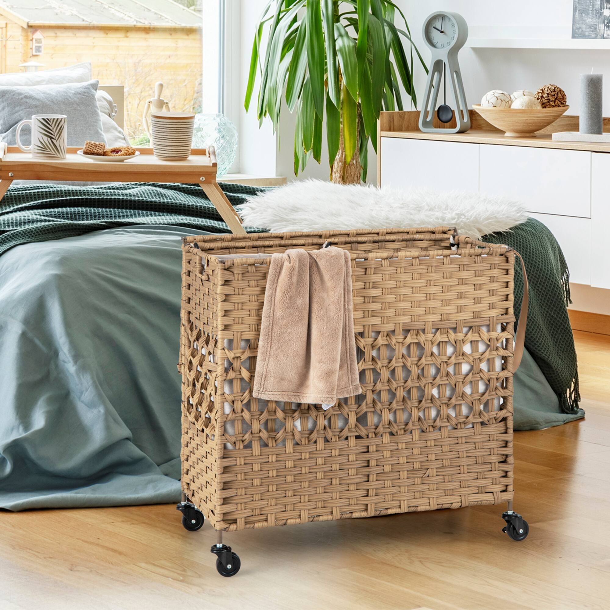 Costway 110L Laundry Hamper with Wheels Clothes Basket Lid & Handle & 2 ...