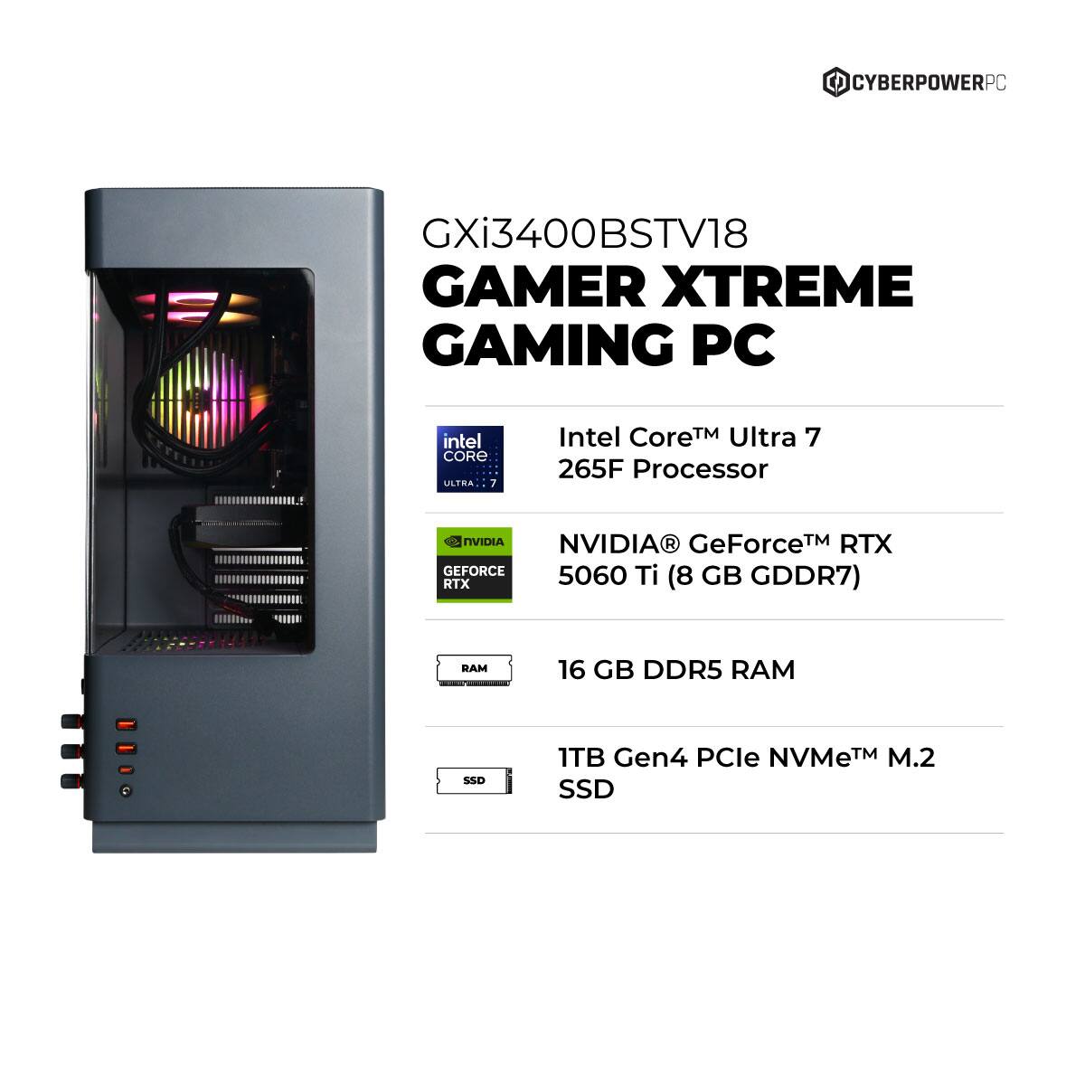 CyberPowerPC Gaming Desktop Intel Core Ultra 7 265F NVIDIA GeForce RTX ...