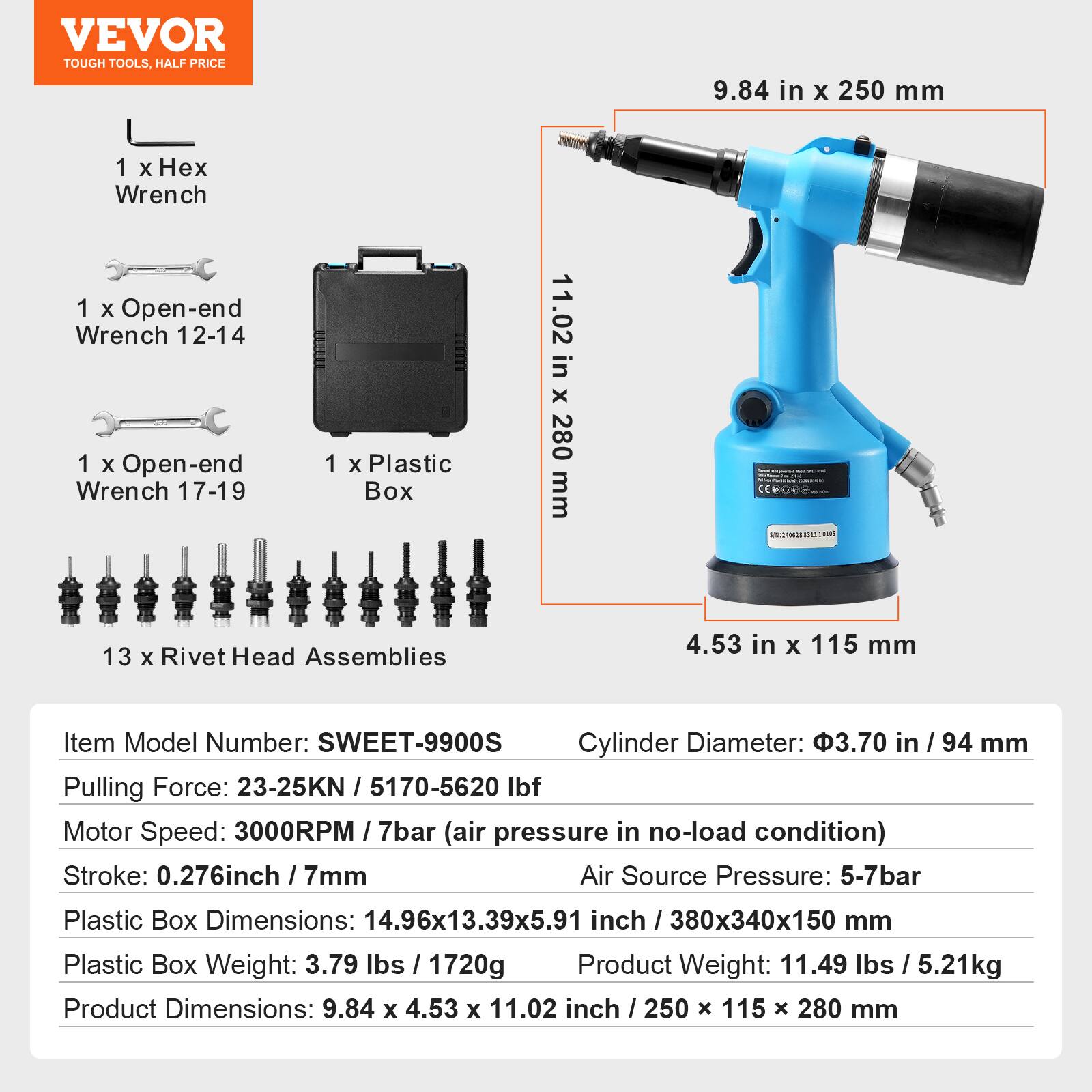 VEVOR Air Riveter, Pneumatic Air Riveter, 20.2KN Pulling Force Pop ...