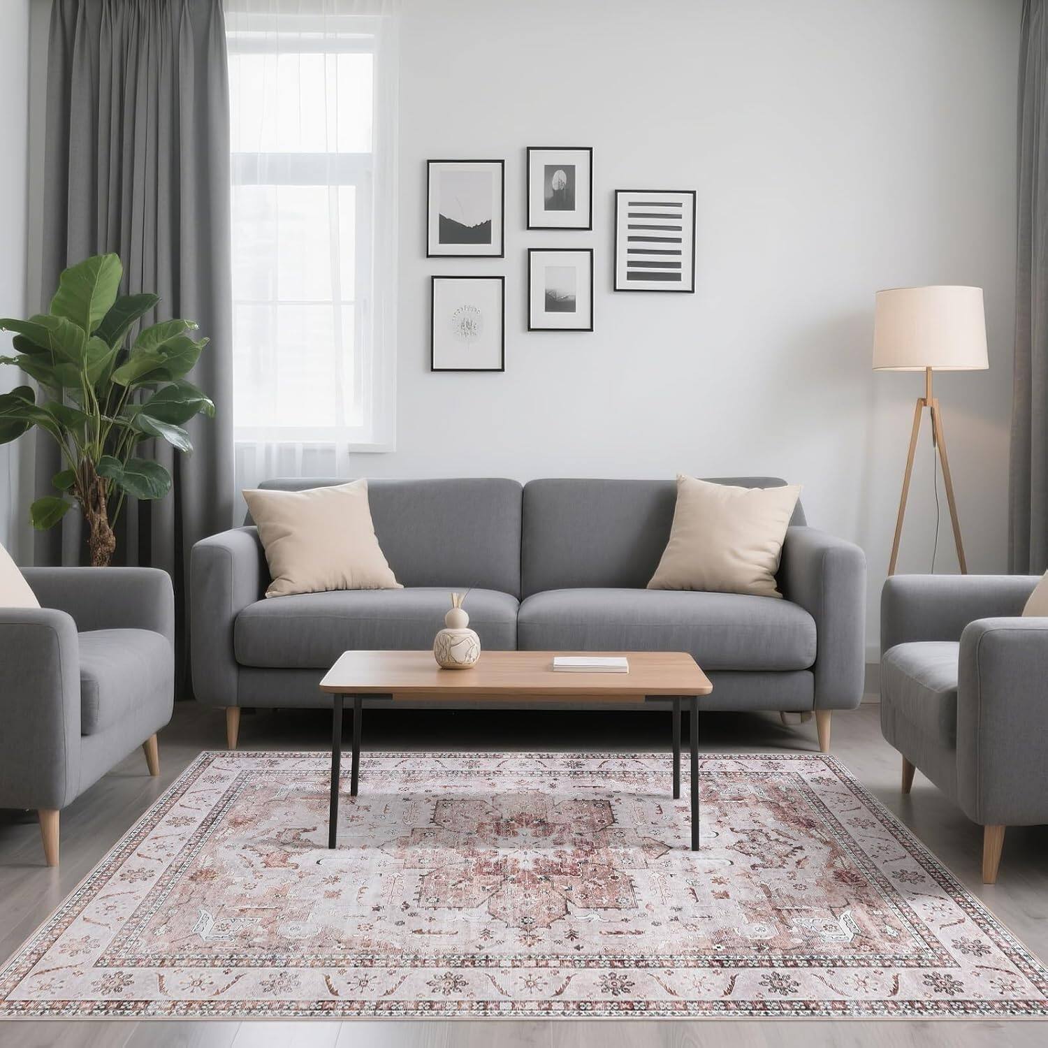 Acekool 5x7ft Boho Faux Wool Area Rug, Low Pile, Soft Floral Medallion ...