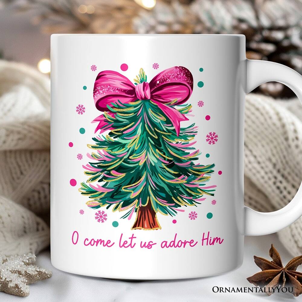 OrnamentallyYou Glitter Christmas Tree Coquette Bow Mug, O Come Let Us ...