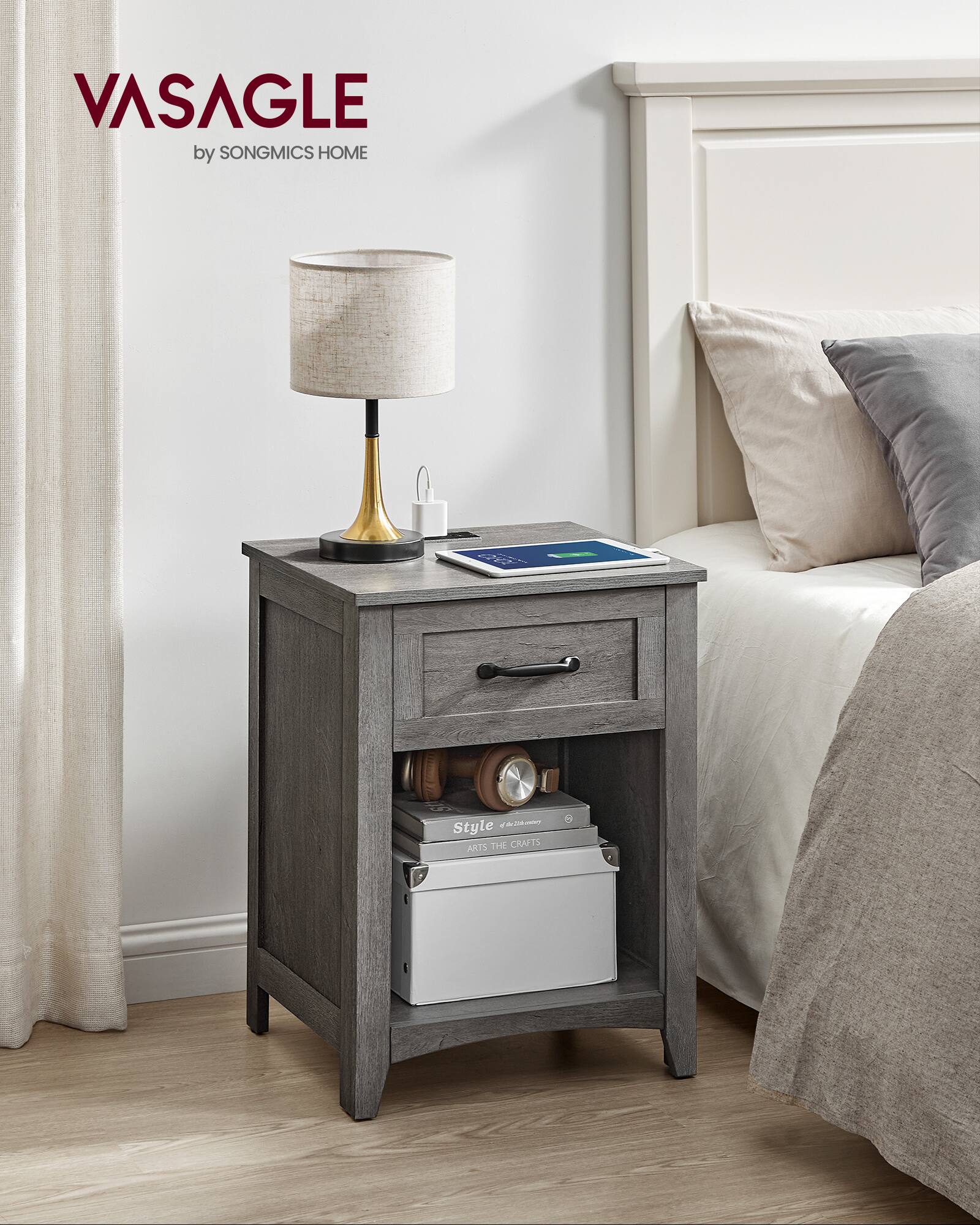 Songmics Home Farmhouse Nightstand with Charging Station, Bedside Table ...