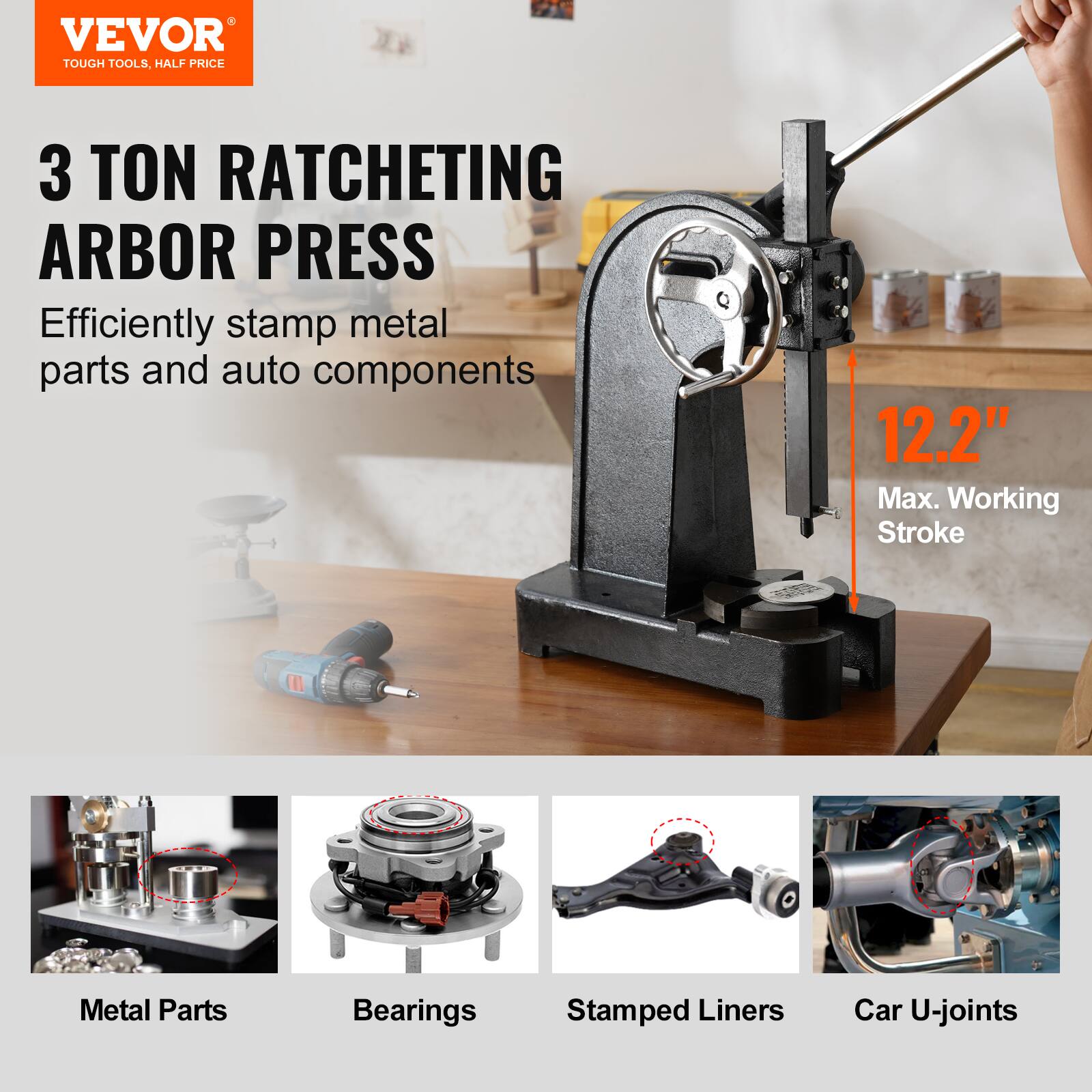 VEVOR Arbor Press, 3 Ton Ratchet Type Arbor Press, Ratchet Leverage ...