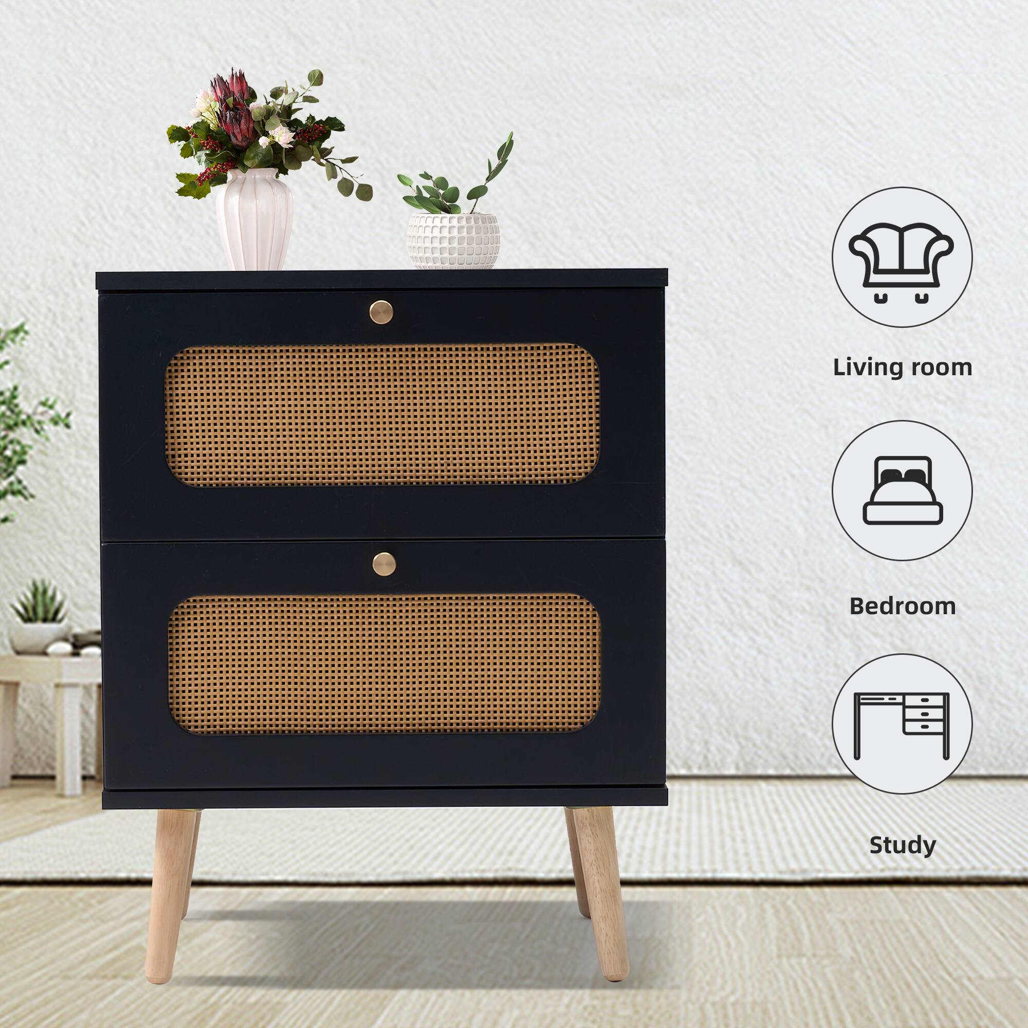 Tiramisubest 2 Drawer Rattan Nightstand for Bedroom and Living Room ...