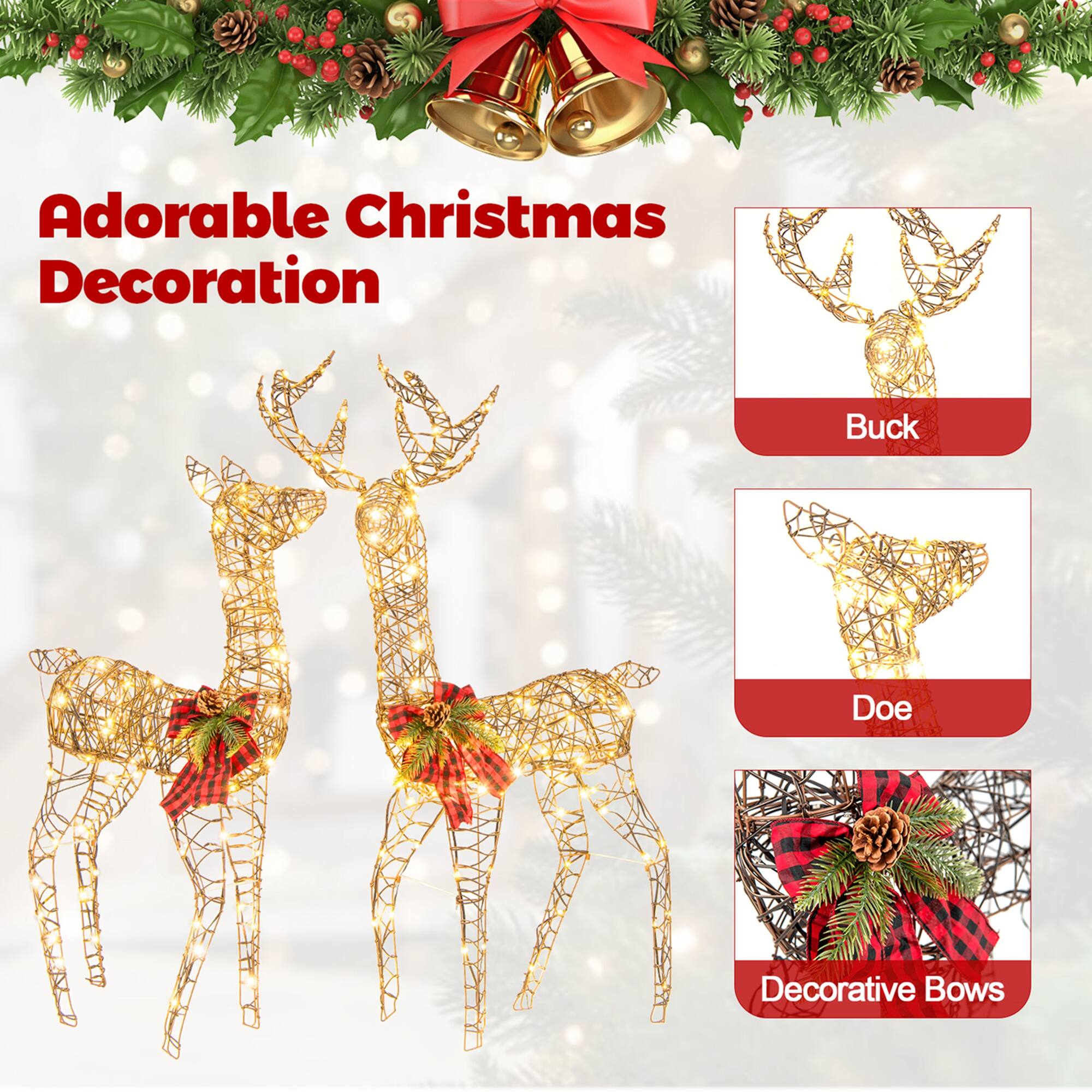 Costway 2 PCS Pre lit Christmas Reindeer Family Deer Decoration with ...