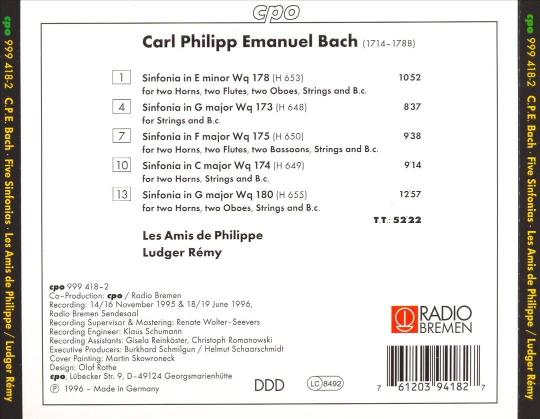 Carl Philipp Emanuel Bach: Symphonies, Wq 173, 174, 175, 178, 180 [CD ...