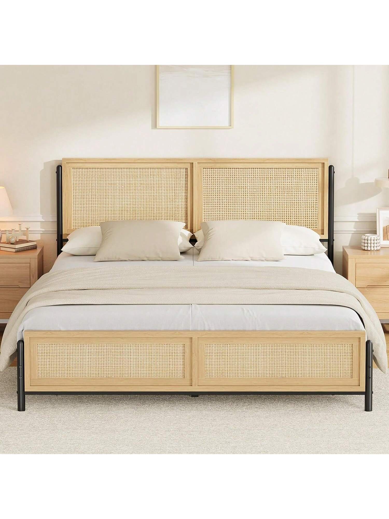 Jojoka Rattan Bed Frame Full with Natural Headboard, Boho Platform ...