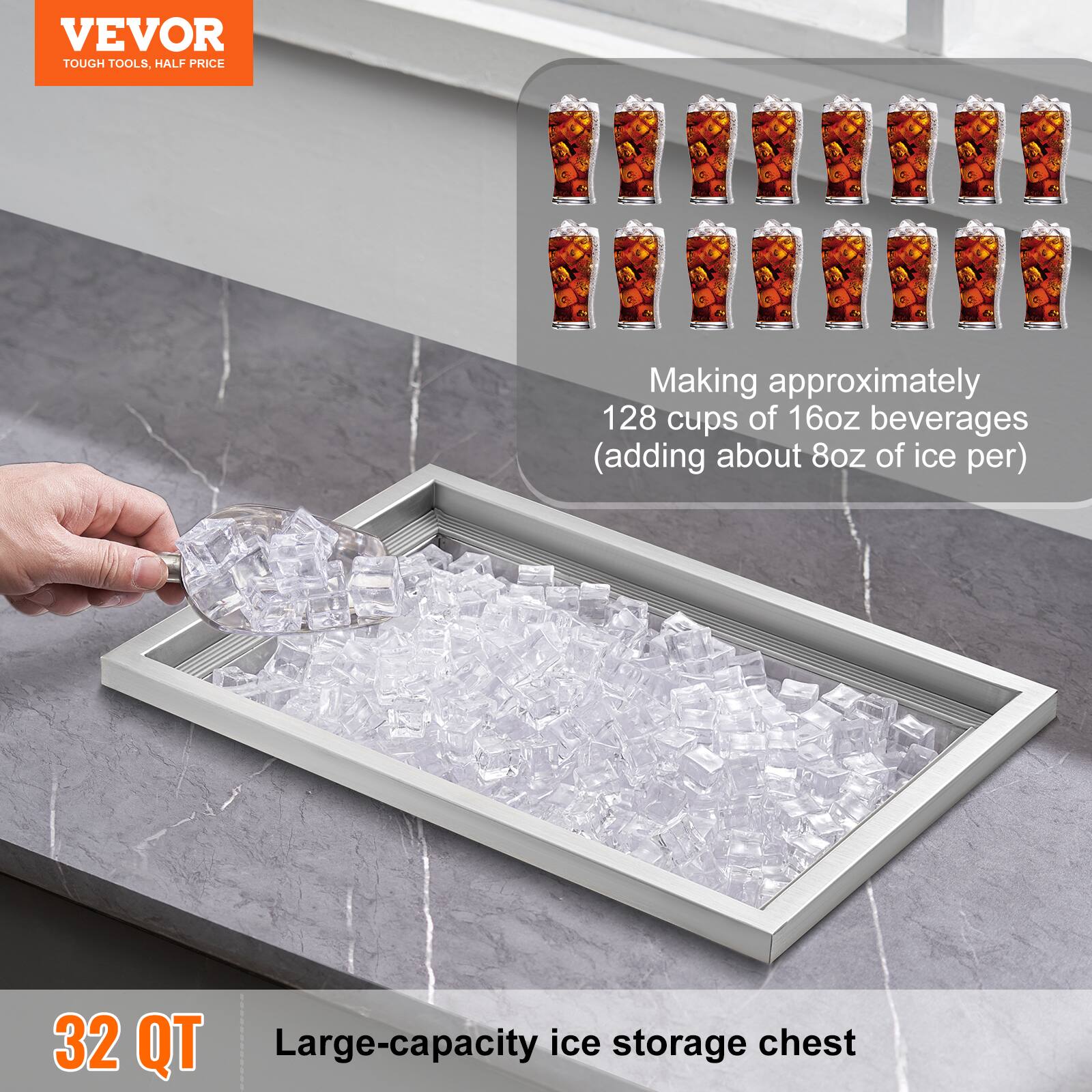 VEVOR Drop in Ice Chest, 20"L x 14"W x 12"H Stainless Steel Ice Cooler ...