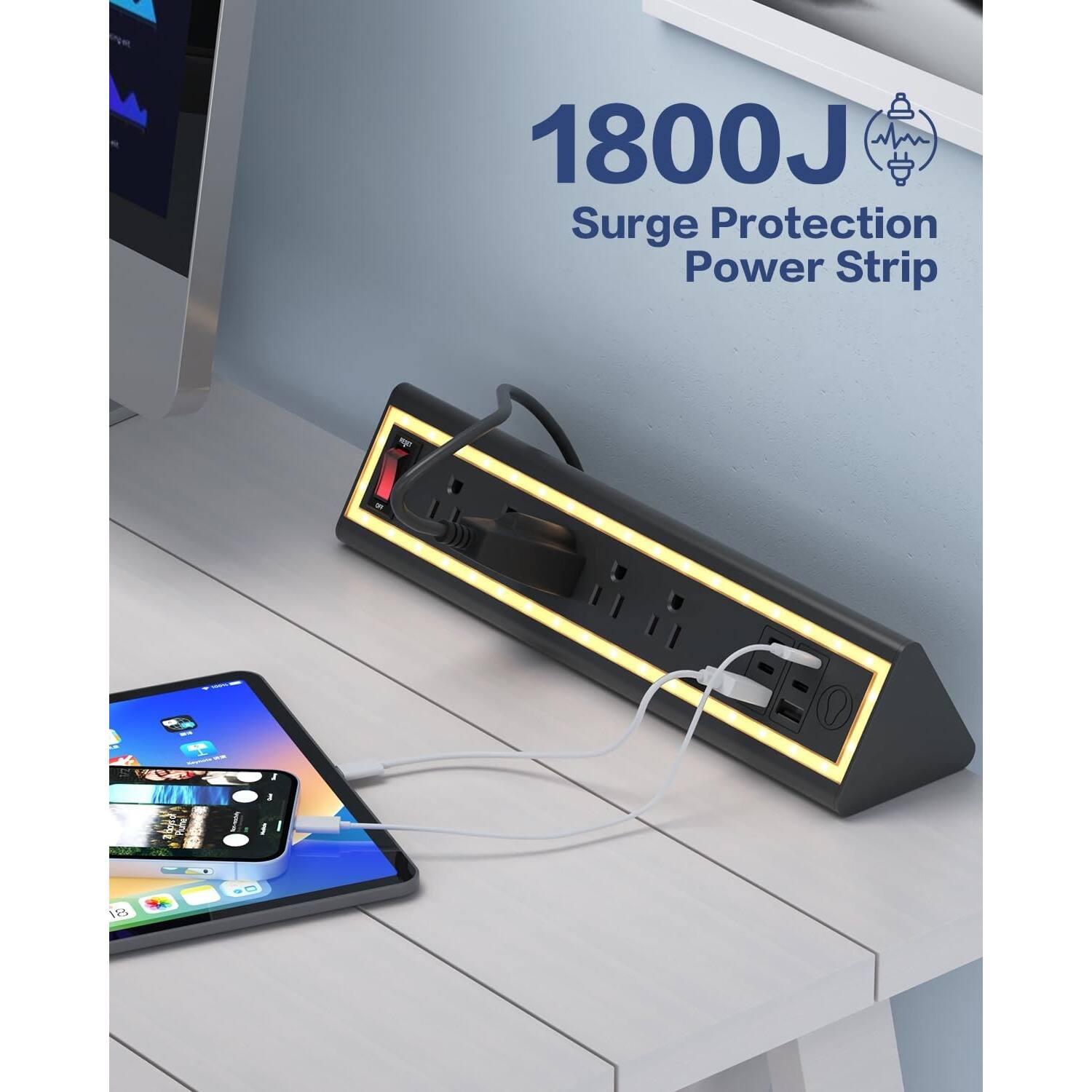 PARKER SLATER Desk Clamp Power Strip with Nightlight, 40W Fast Charging, 4 USB C, 2 USB, 5 ...