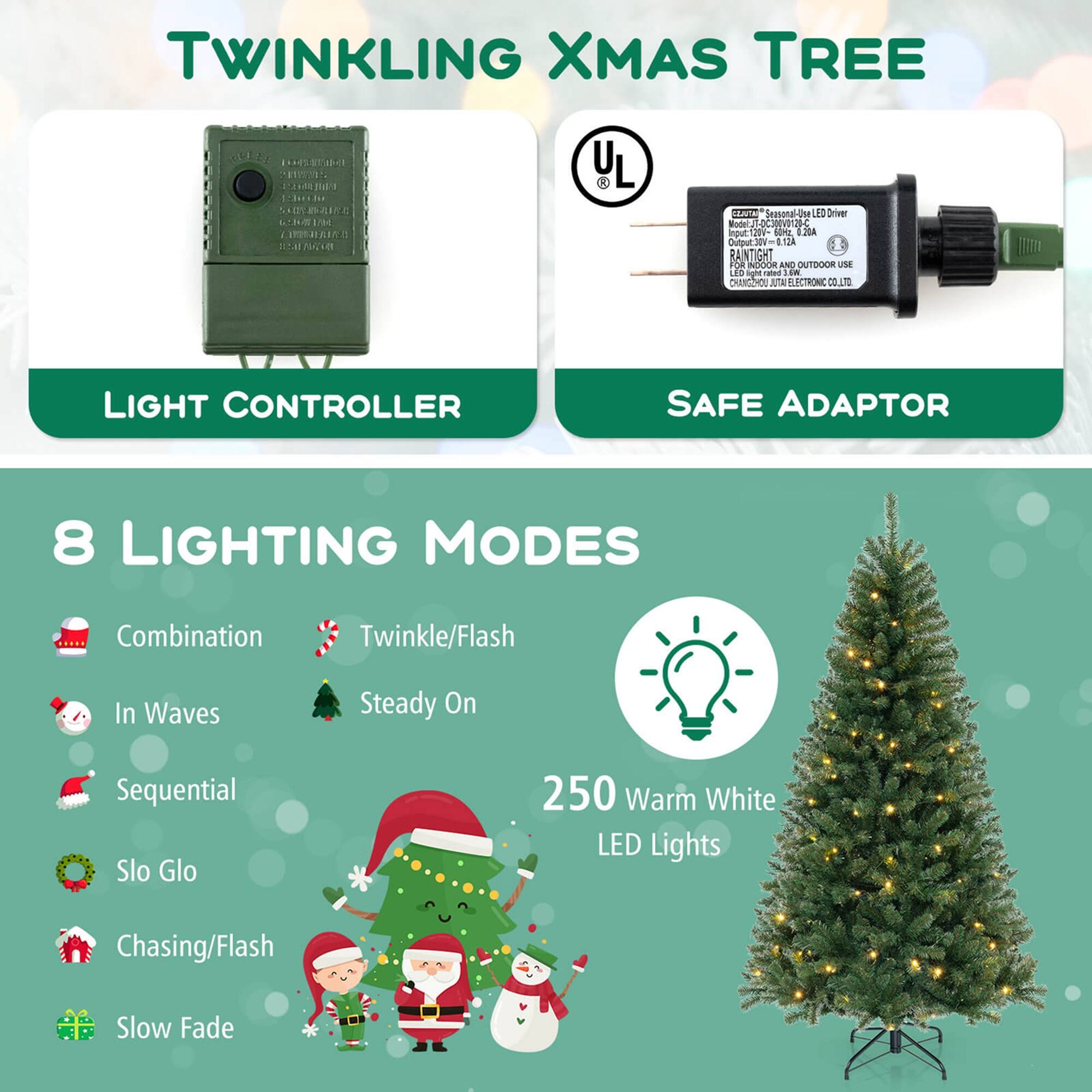 Costway 7 FT Christmas Tree with 830 PVC Branch Tips 250 Warm White LED ...