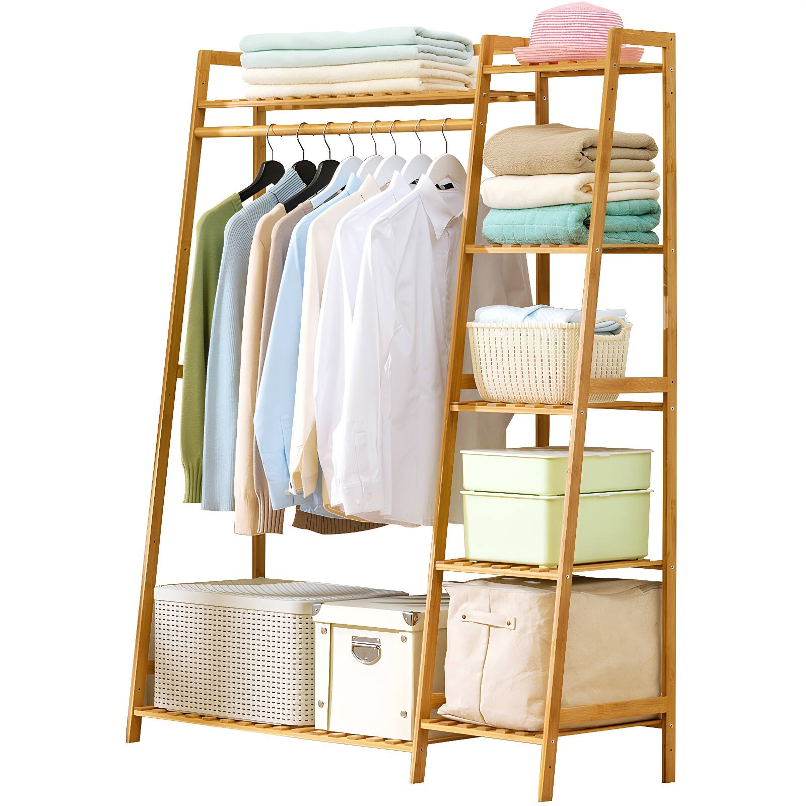COWLOWN Bamboo Freestanding Garment Rack with Shoe Rack Multi Tiered ...