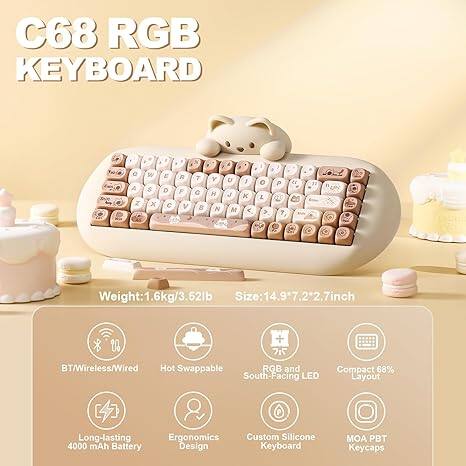Wikistore C68 Wireless Mechanical Keyboard, 65% Hot Swap,RGB Backlit ...