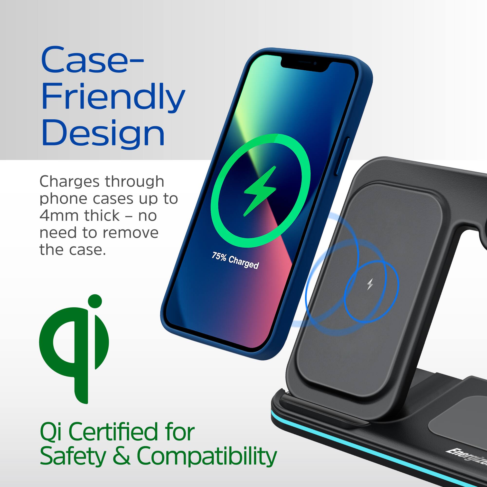 Energizer 3 in 1 15W Foldable Qi Certified Wireless Fast 15W Charger, Charging Station/Stand for ...