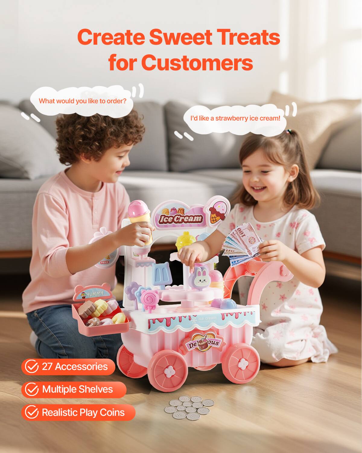 VEVOR Ice Cream Cart for Kids, 27 PCS Accessories, Pretend Play Store ...