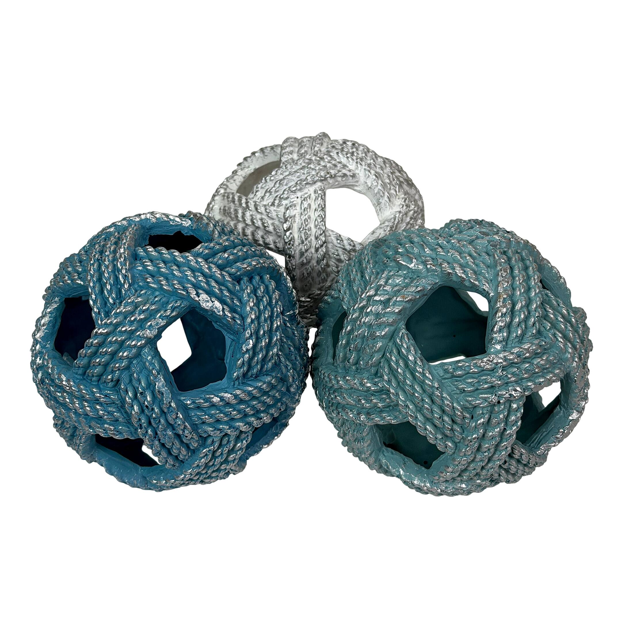 Zeckos Set of 3 Coastal Decorative Orbs Rope Look Resin 4 in Blue Aqua ...