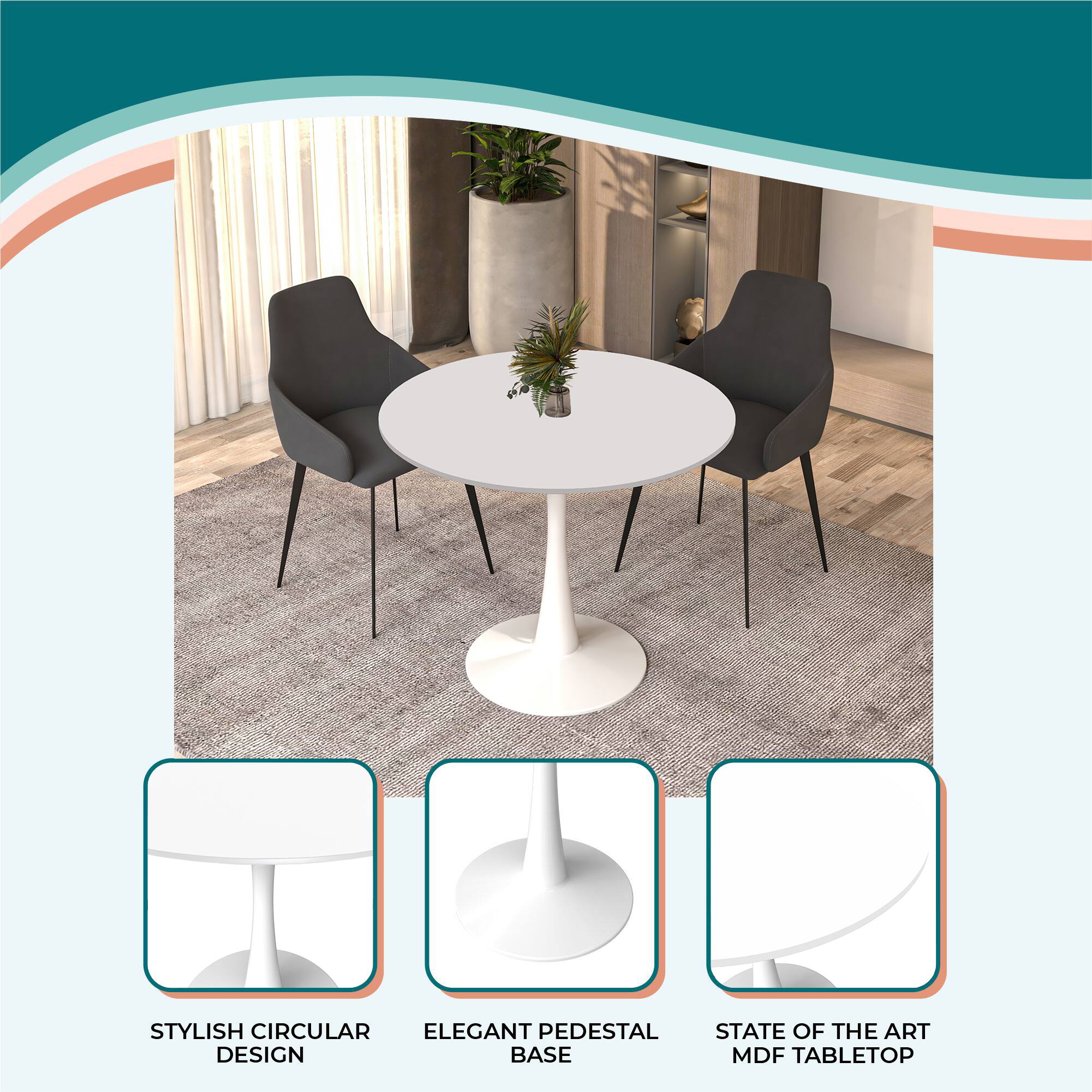 LeisureMod Bristol Modern 35" MDF/Stone Round Dining Table, Mid Century ...