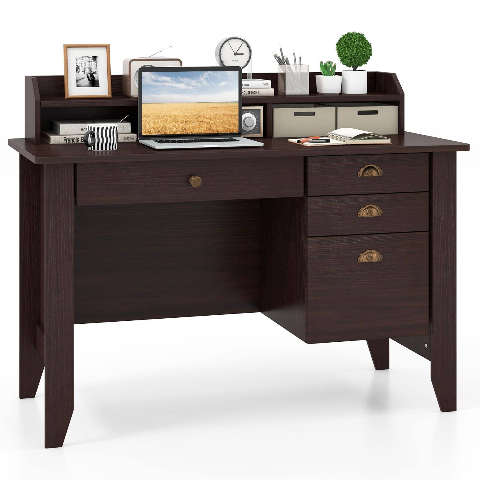 Ecooso Computer Desk with Shelves and 4 Drawers, Vintage Style Writing ...