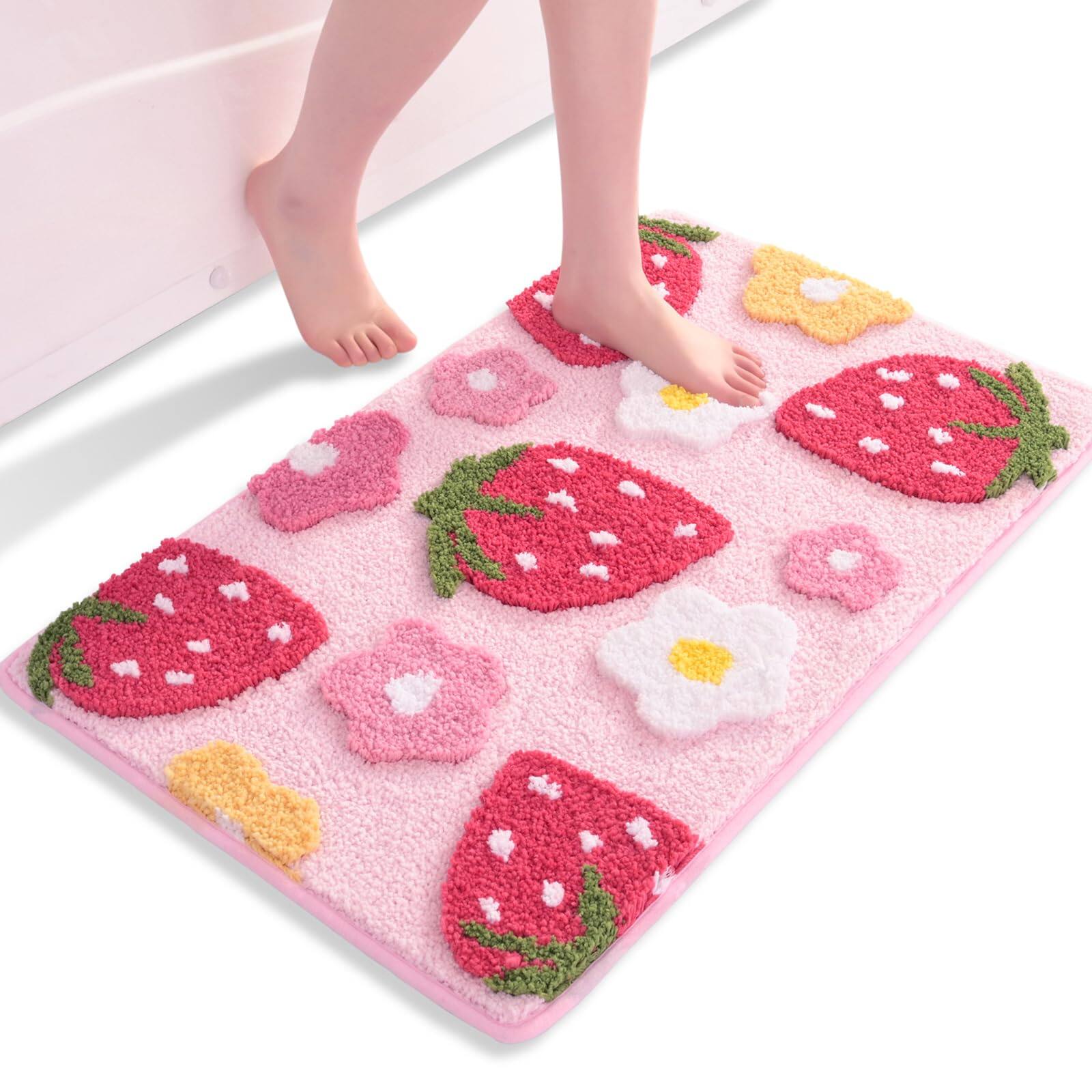 Fabibe Pink Bathroom Rugs Cute Strawberry Flower Bath Mat Accessories ...