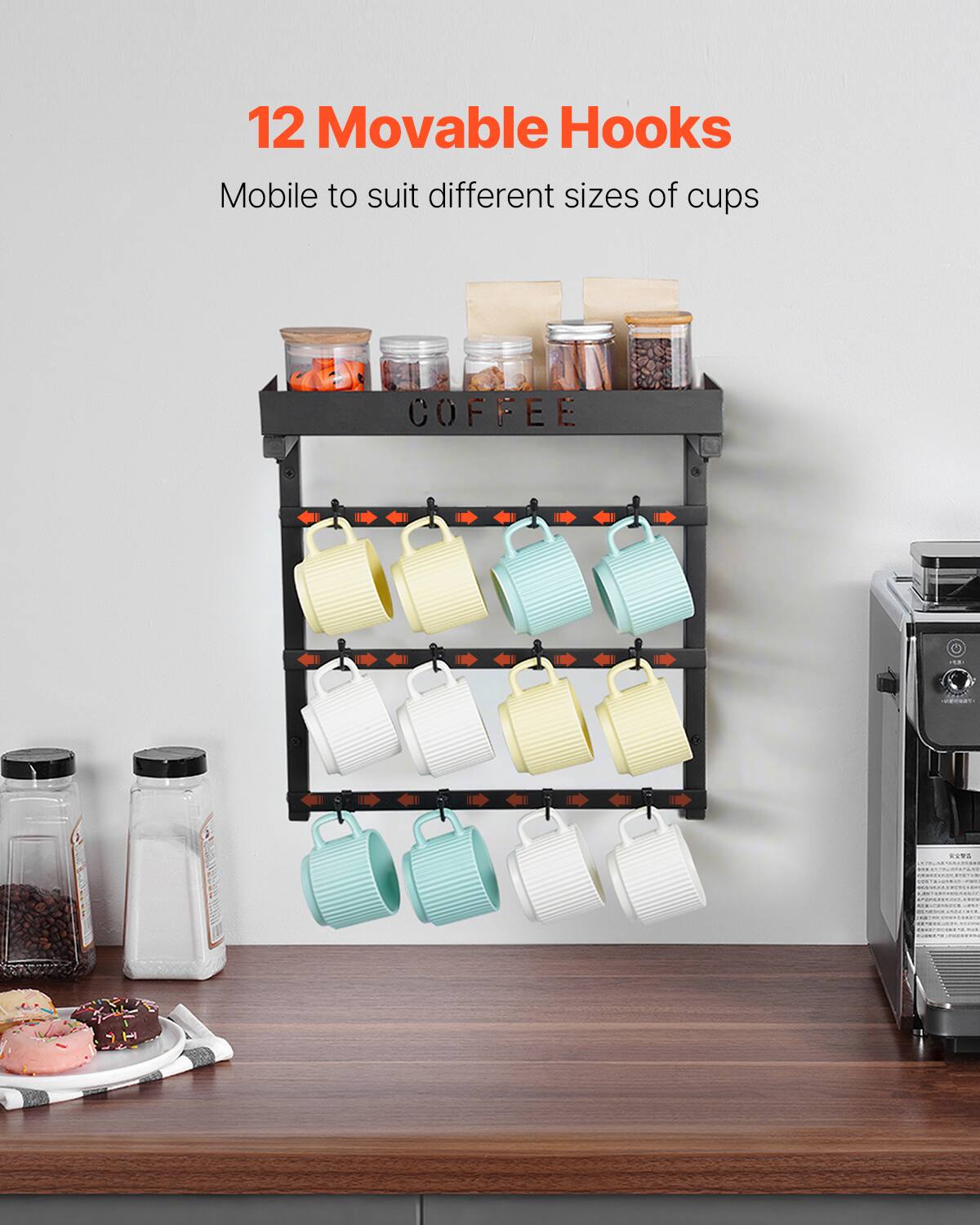 VEVOR Coffee Mug Holder Wall Mounted, 12 Movable Hooks Coffee Cup ...