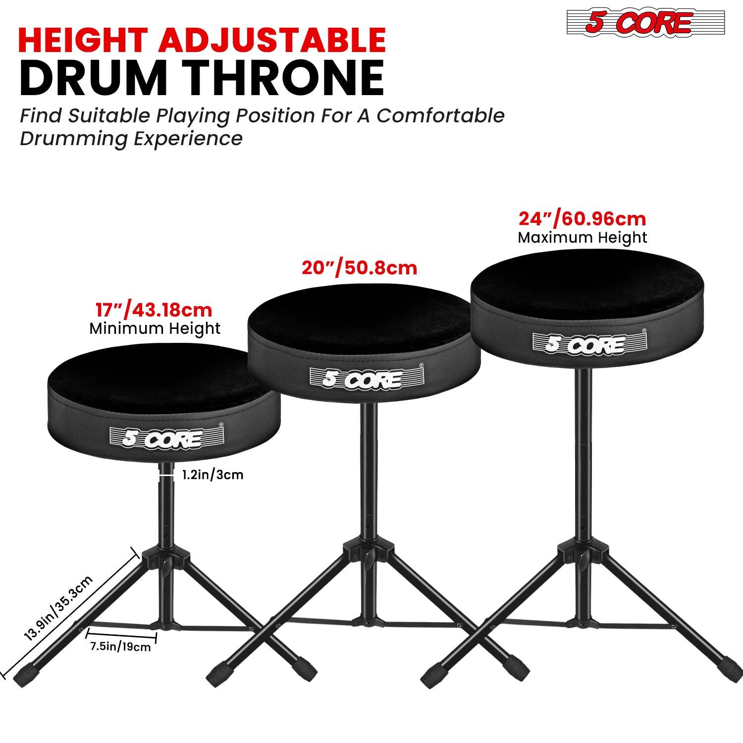 5 CORE Drum Throne 3" Thick Padded Comfortable Guitar Stool Drummer ...