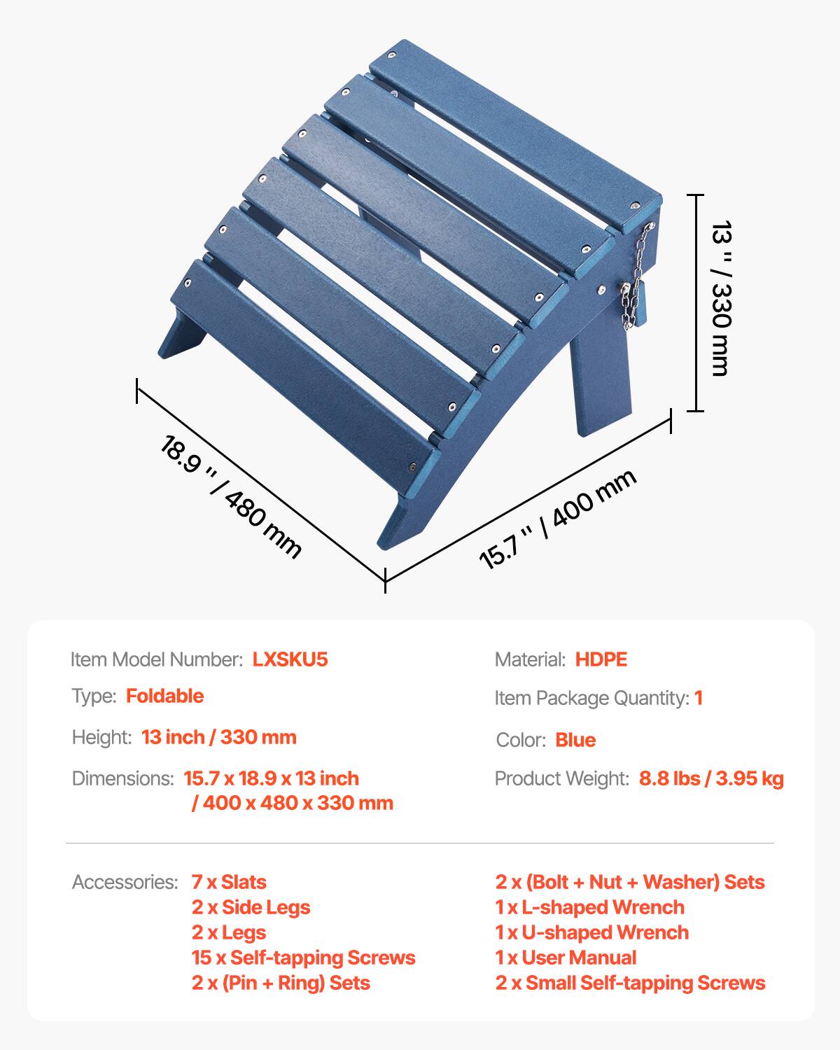 VEVOR 15.7L x 18.9W x 13H Inch HDPE Plastic Folding Adirondack Ottoman ...