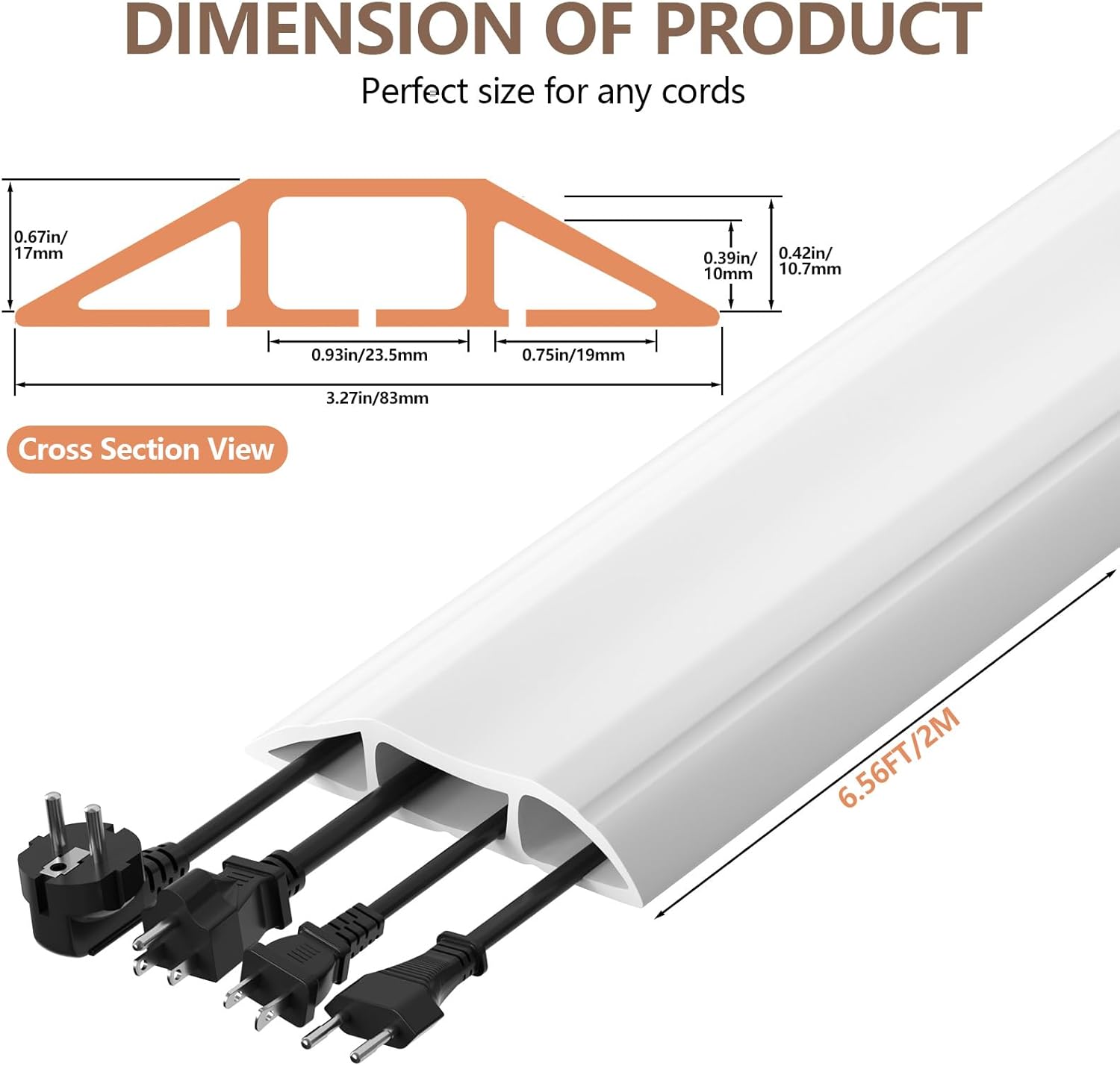 AGPtek 6.5 Ft Floor Cord Protector 3 Channels Contains Cords White 6 ...