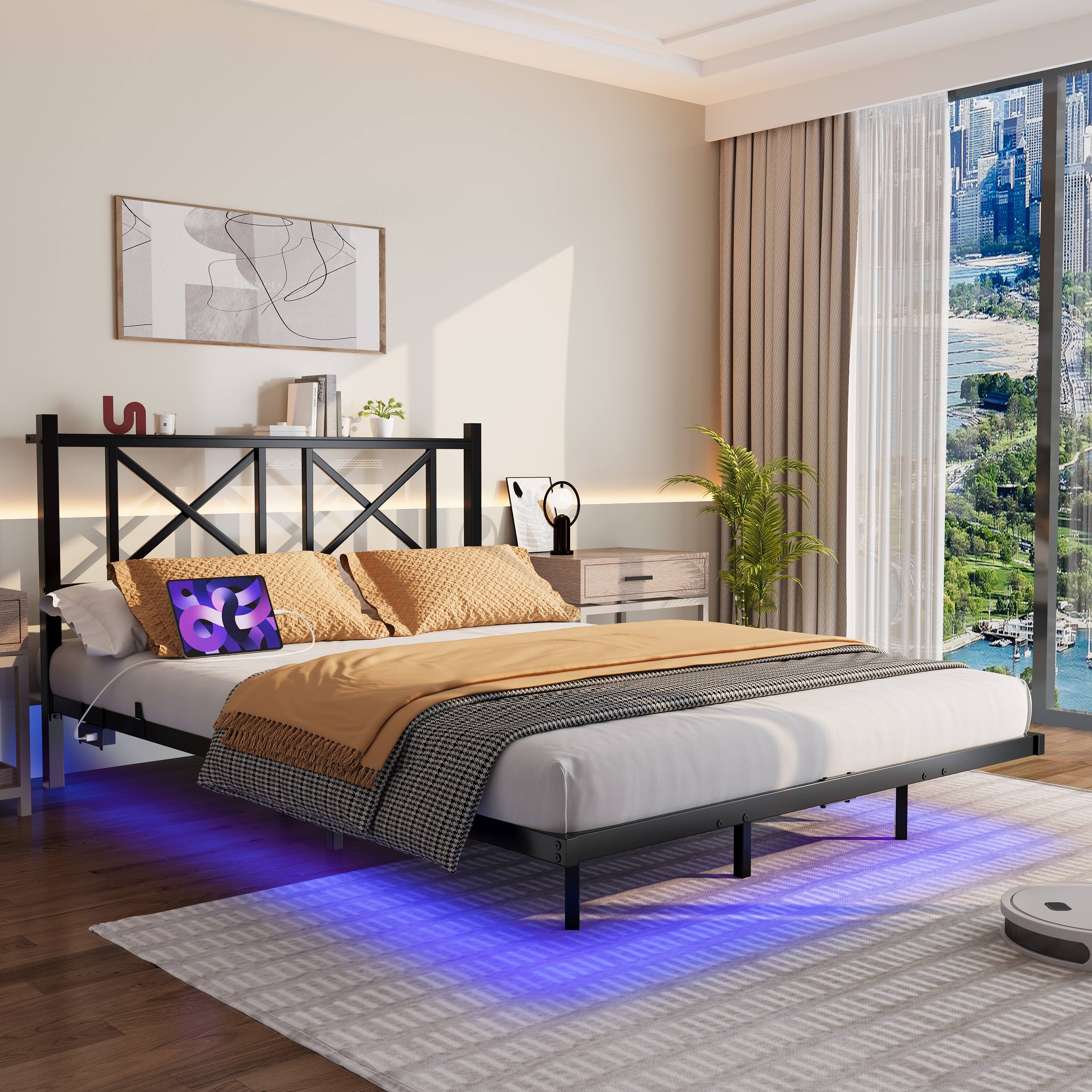 LUCKY ONE Full Size Floating Bed Frame with Headboard and Storage, USB ...