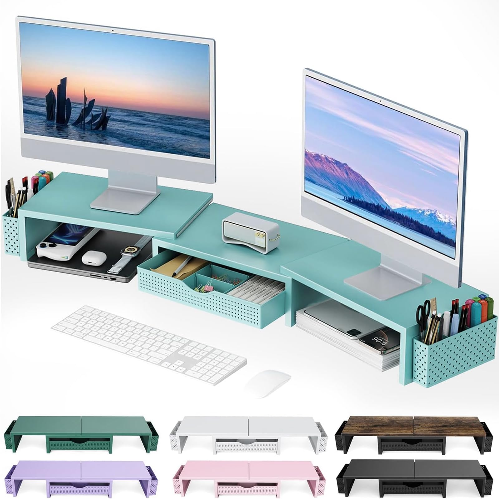 Hanke Dual Monitor Stand Riser Desk Organizer With Drawer And 2 Pen ...