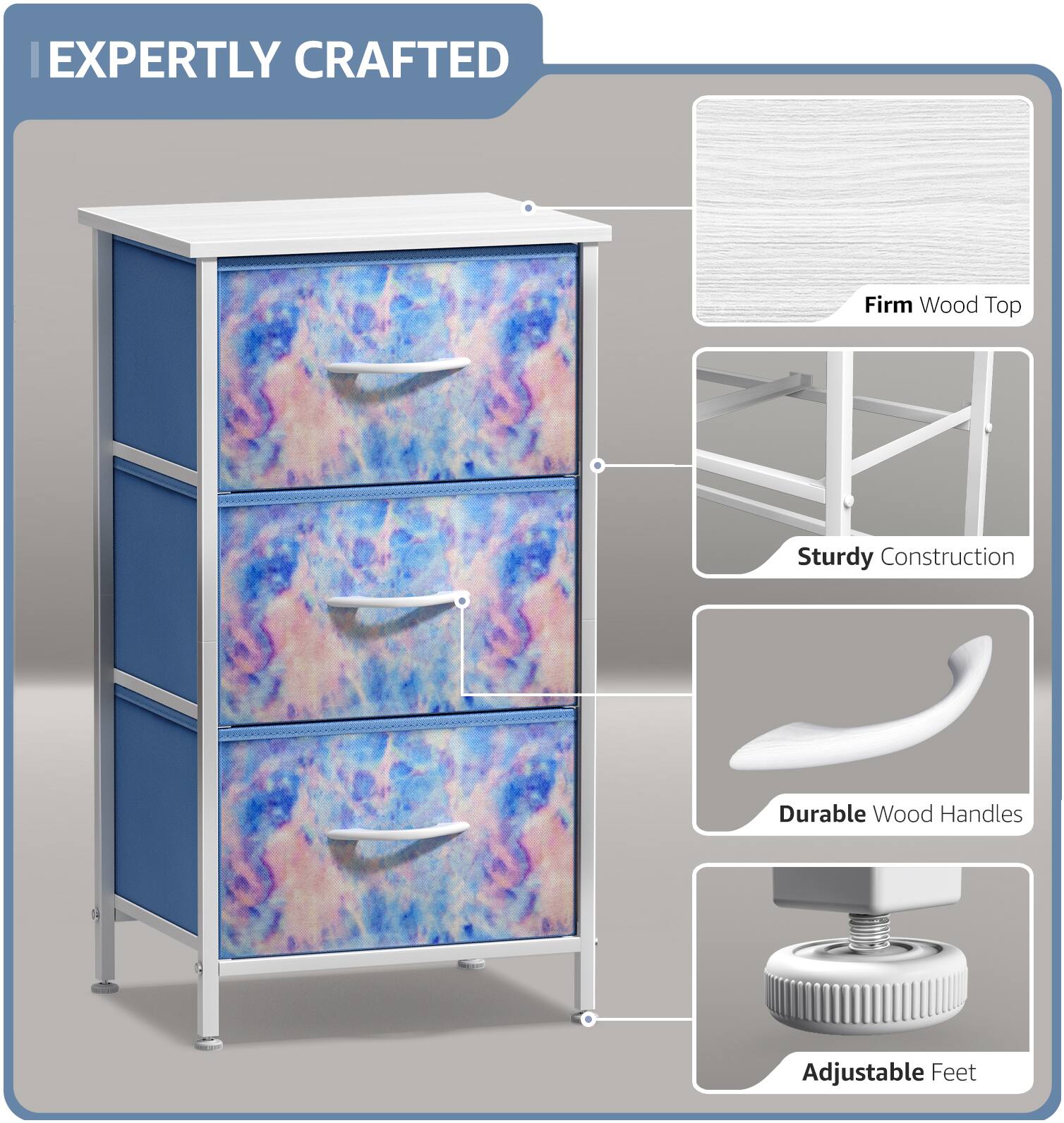 Sorbus Nightstand with 3 Drawers Steel Frame, Wood Top &Fabric Bins ...