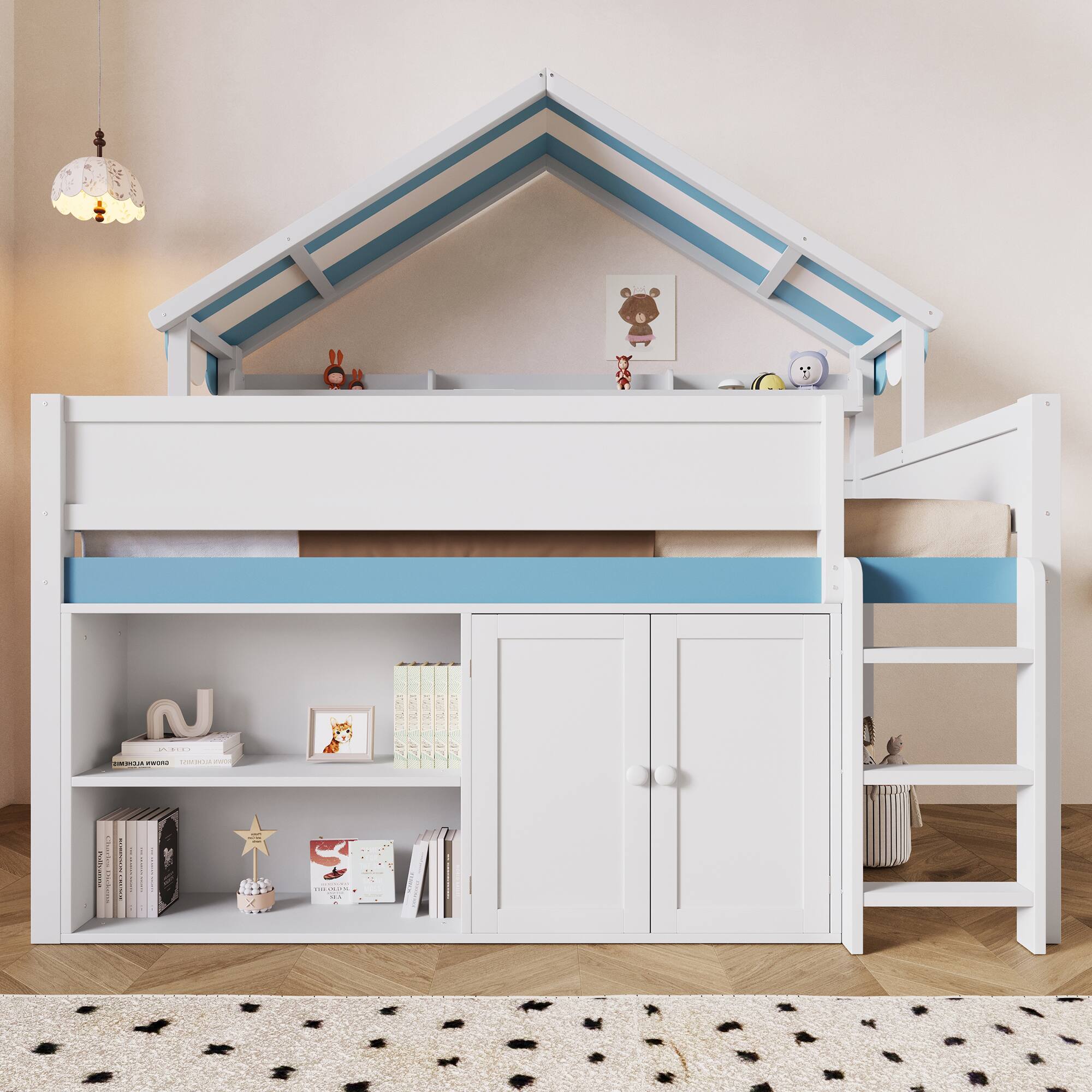 TinyHomie Full Size Loft Bed with Canopy Roof and Storage Cabinet White ...