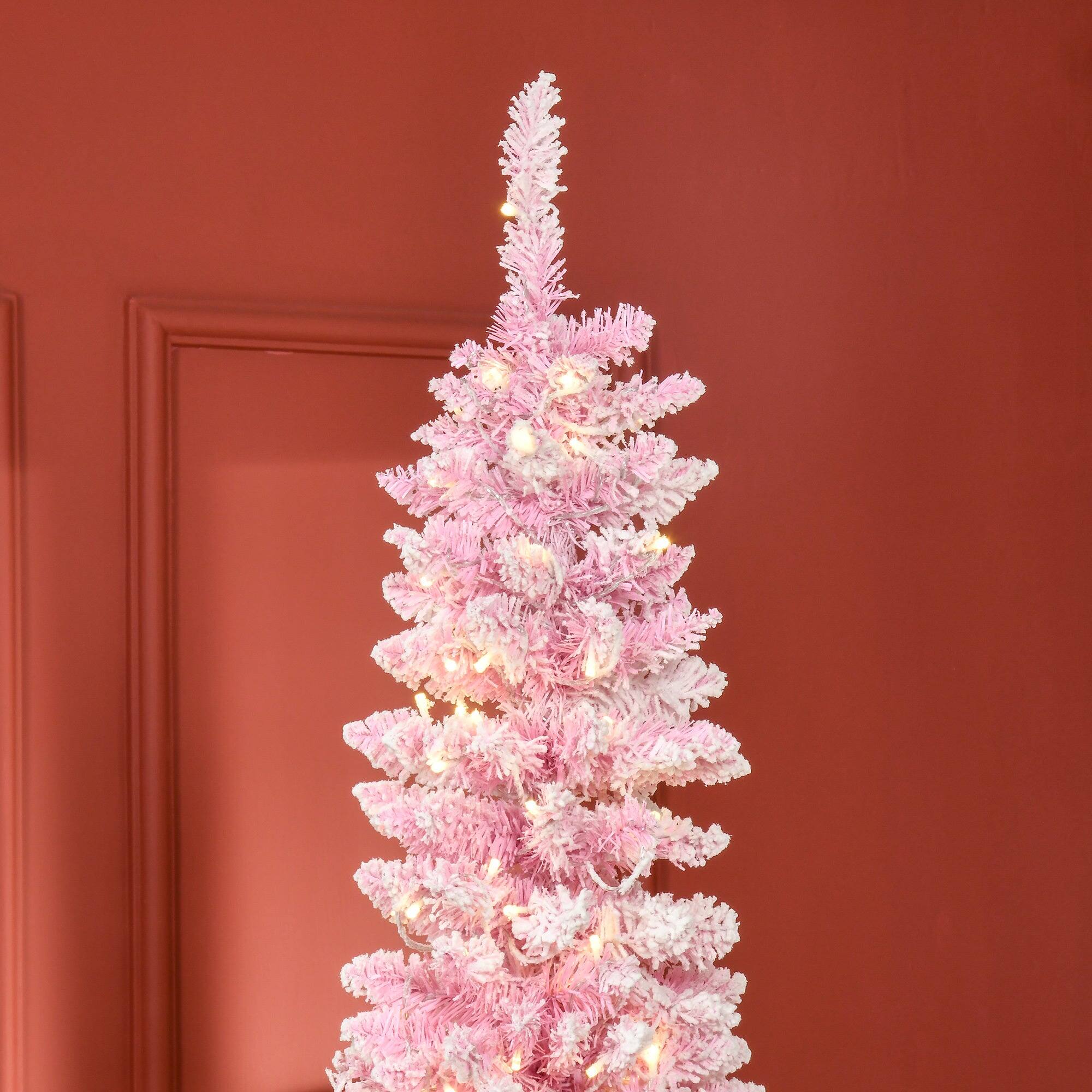 BreeBe 7.5ft Prelit Snow Flocked Artificial Christmas Tree with Pencil ...