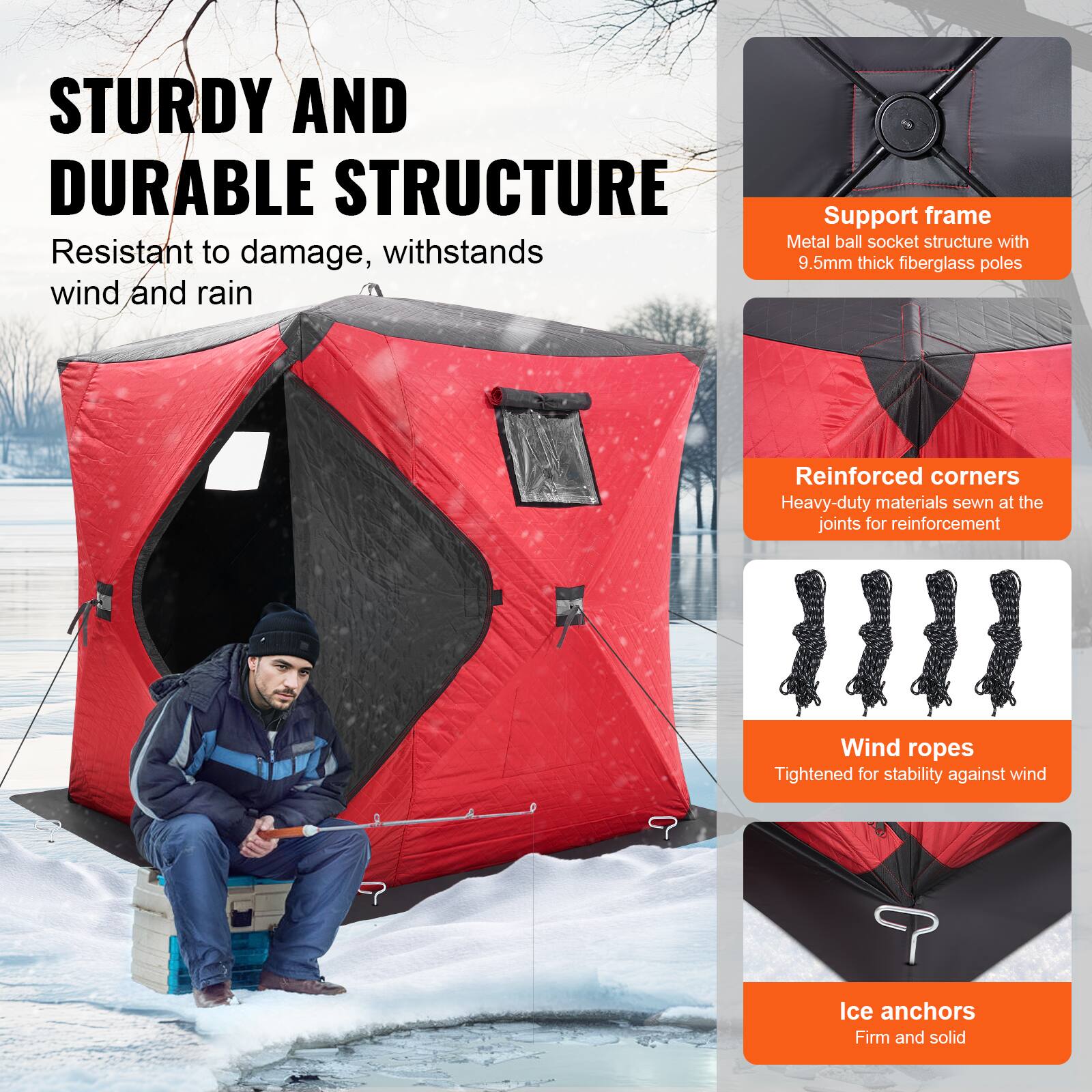 VEVOR Portable Ice Shelter, 3 4 Person Insulated Pop Up Ice Fishing ...