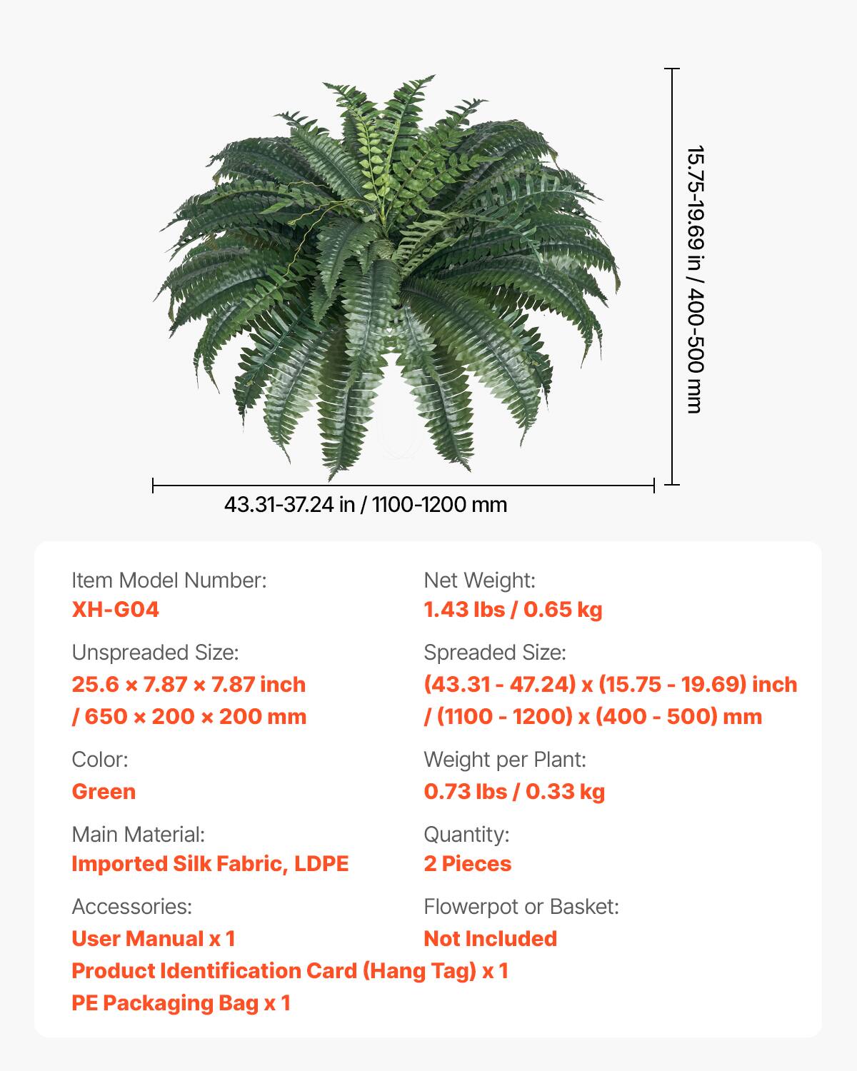 VEVOR Artificial Ferns 2 Pcs, Natural Spread Diameter 43 47 Inch, Large ...