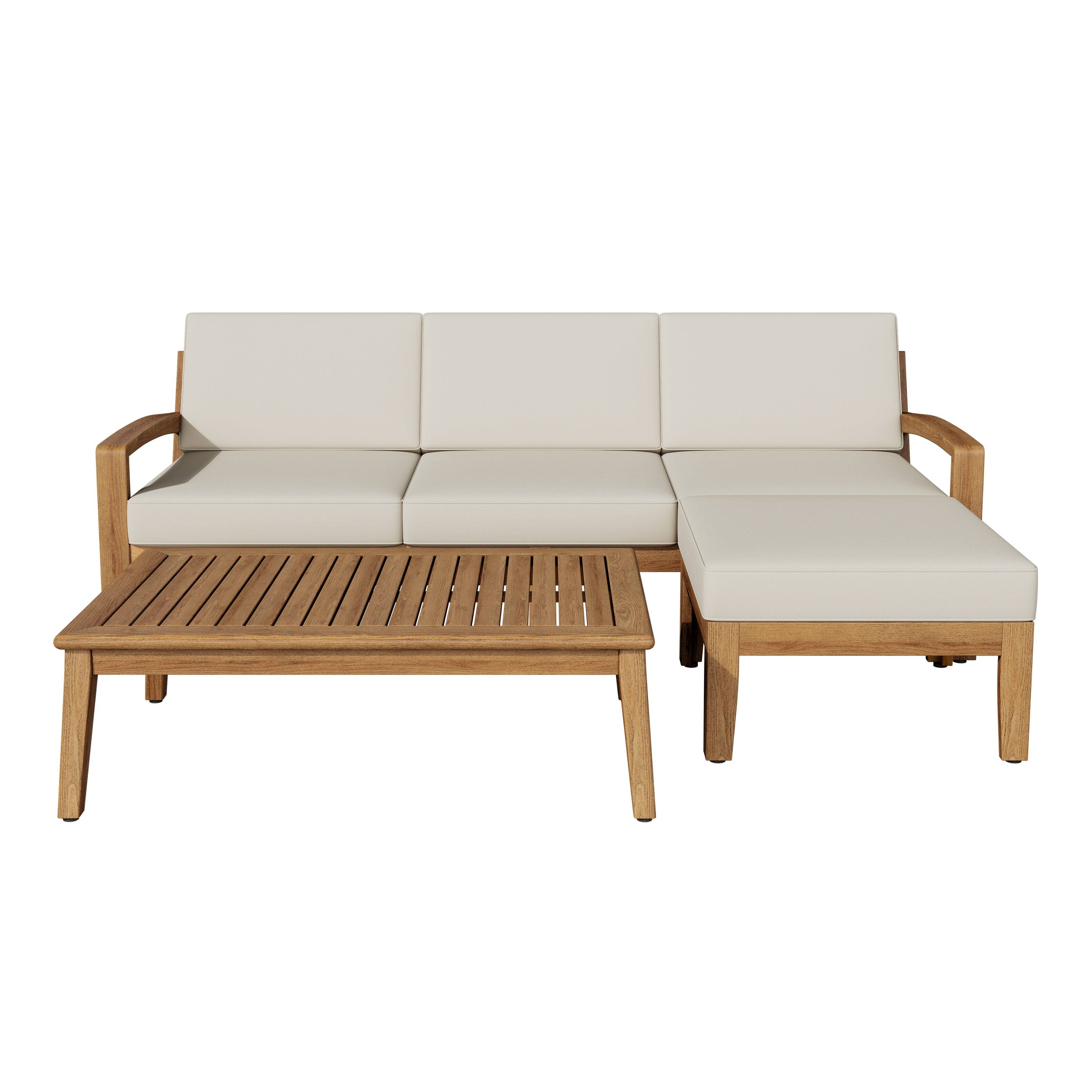 APRILSOUL 3 Seat Acacia Wood Sectional Sofa Set Ottoman Coffee Table ...