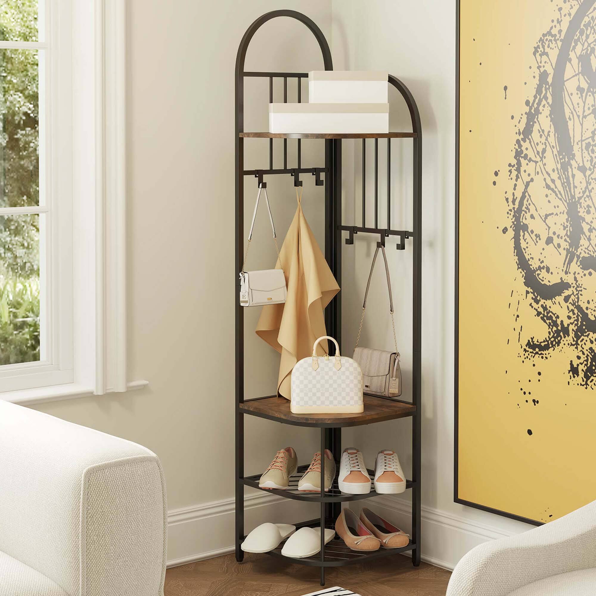 Costway 4 Tier Coat Rack Corner Hall Tree with Shoe Storage Bench 6 ...