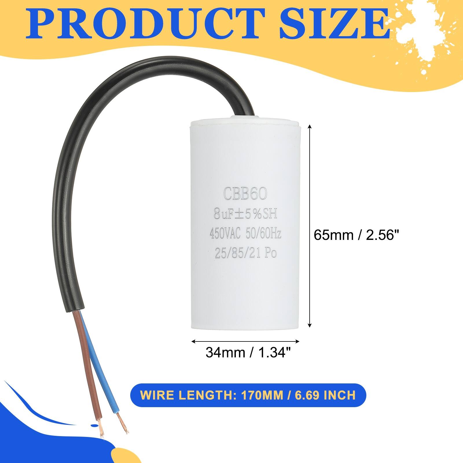Unique Bargains 8uF CBB60 Run Capacitor, AC 450V 2 Wires 50/60Hz ...