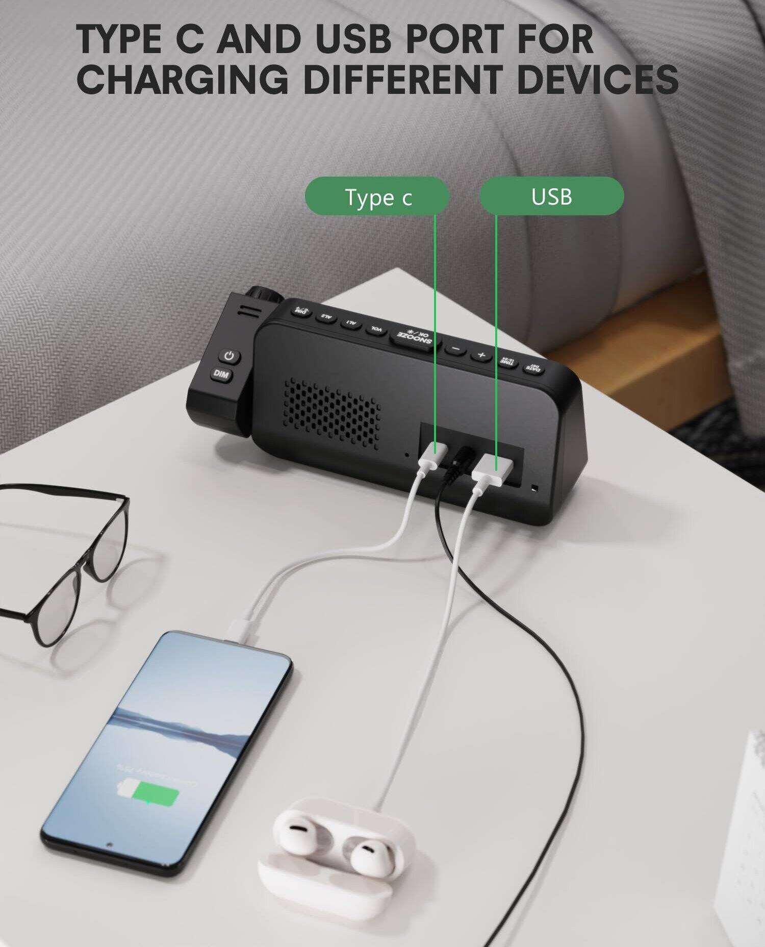 Dazzed Corner Projection Alarm Clock,Digital Clock Projector,Type C USB ...