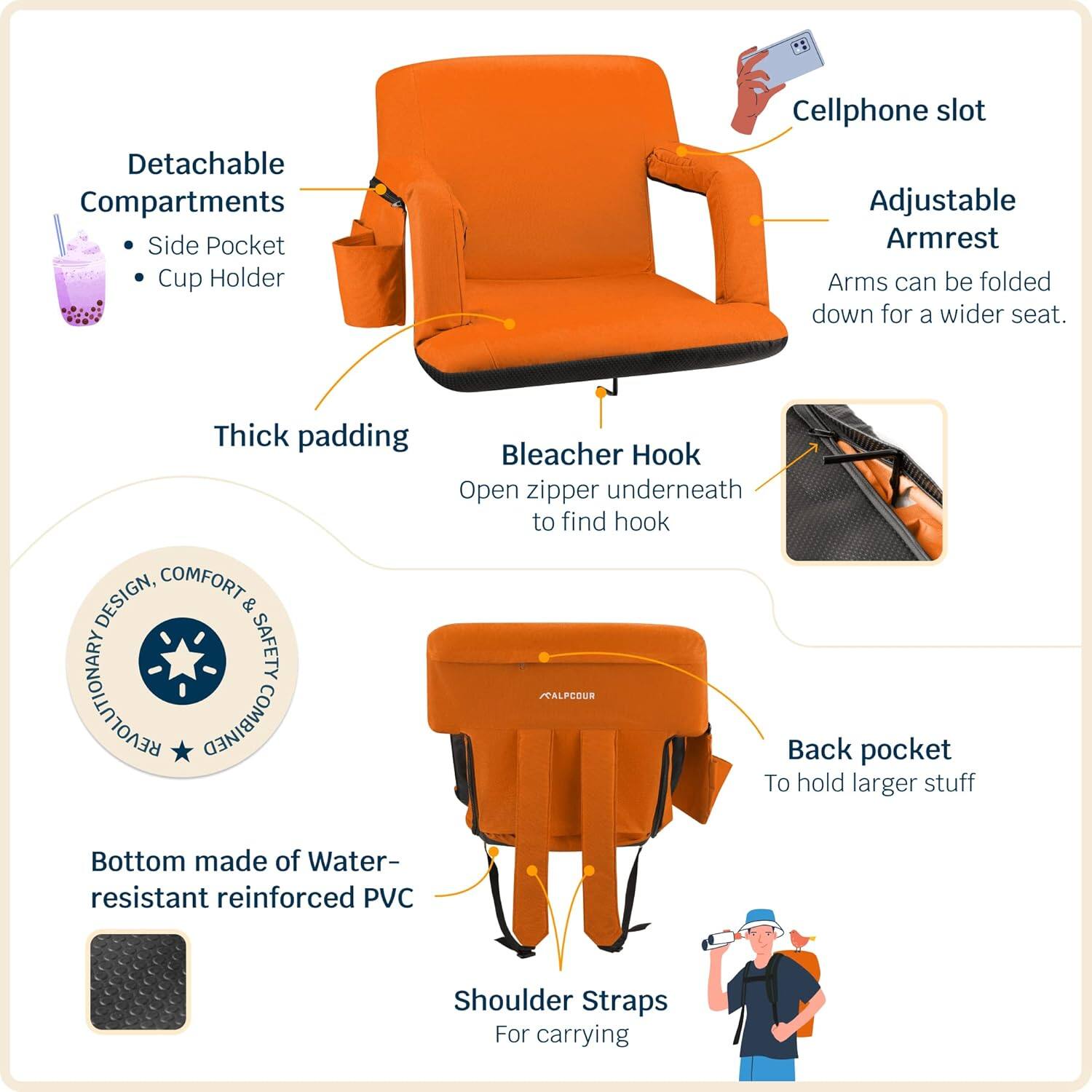 Alpcour Reclining Stadium Seat Foldable Bleacher Chair with Thick ...