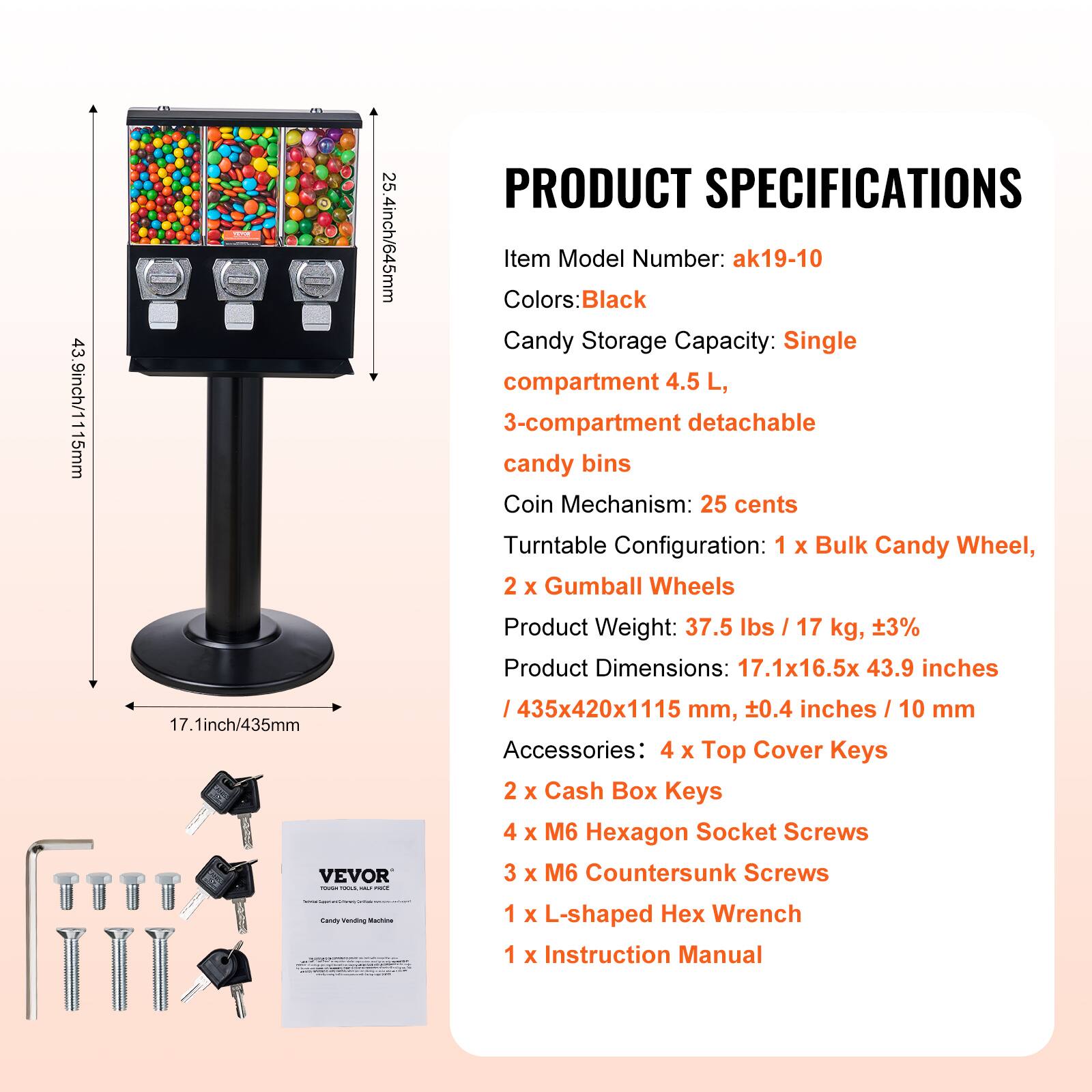 VEVOR Commercial Vending Machine, Triple Compartment Candy Dispenser ...