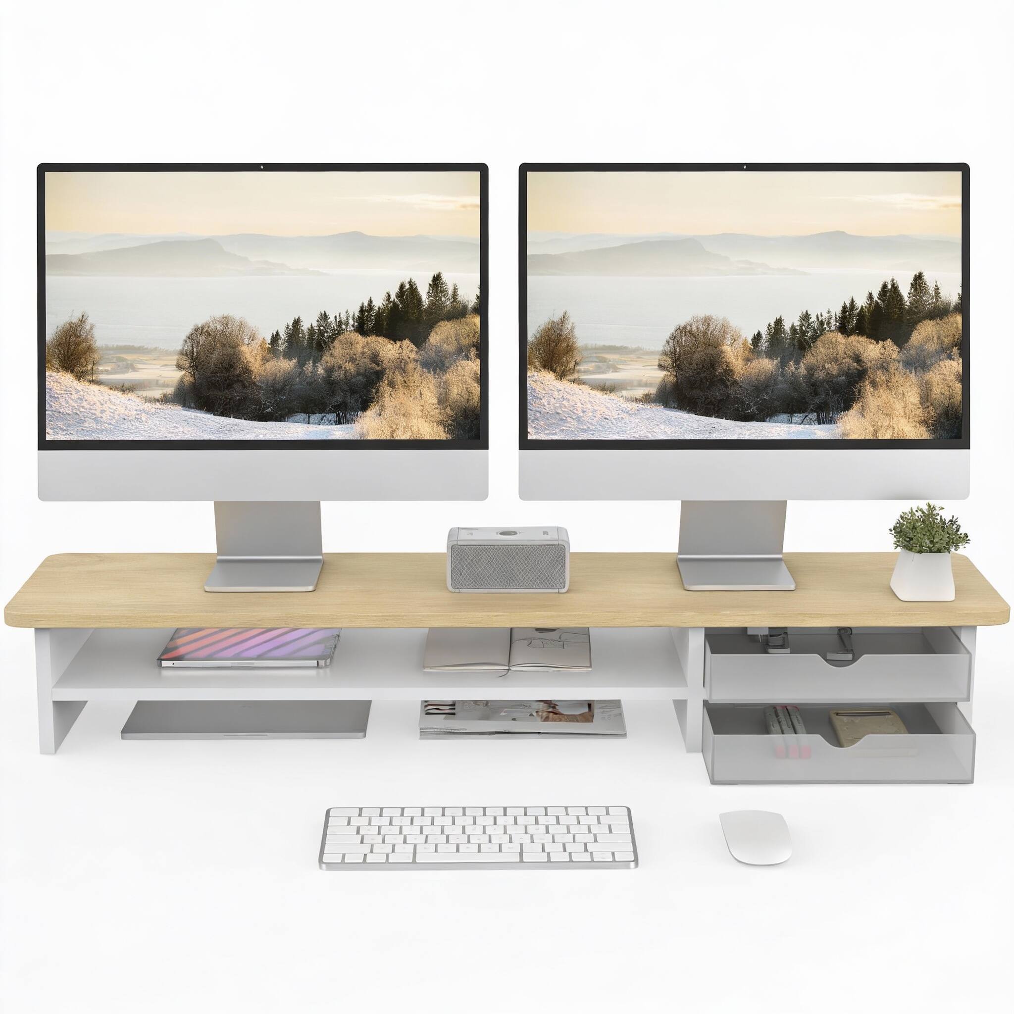 Frangdom 42.5" Monitor Stand Drawer 2 Tier Wood Acrylic Oak ...