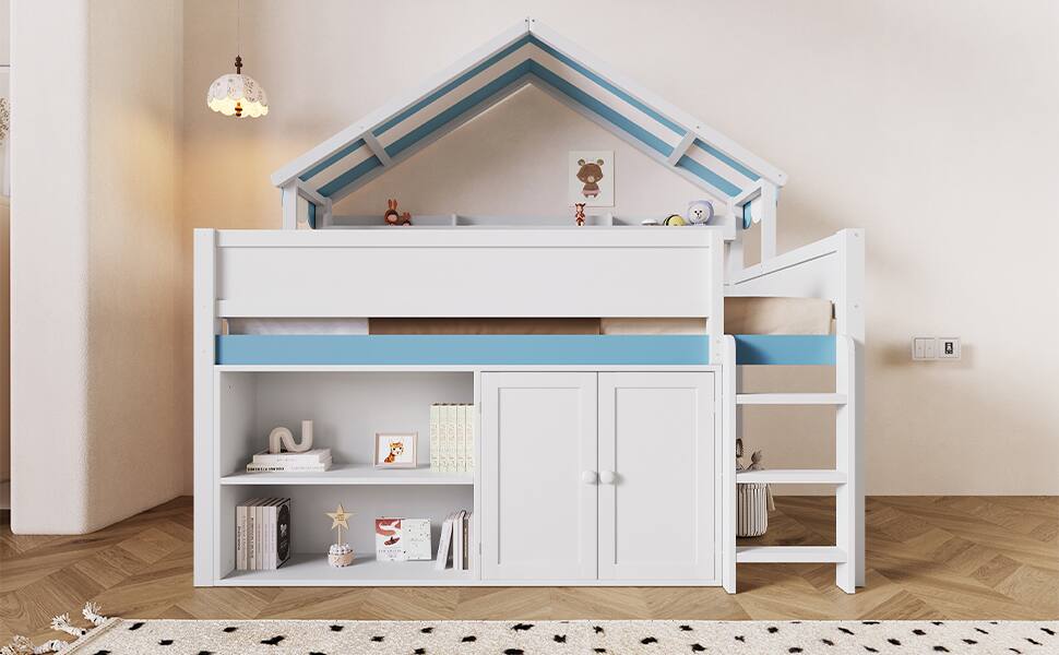 TinyHomie Full Size Loft Bed with Canopy Roof and Storage Cabinet White ...