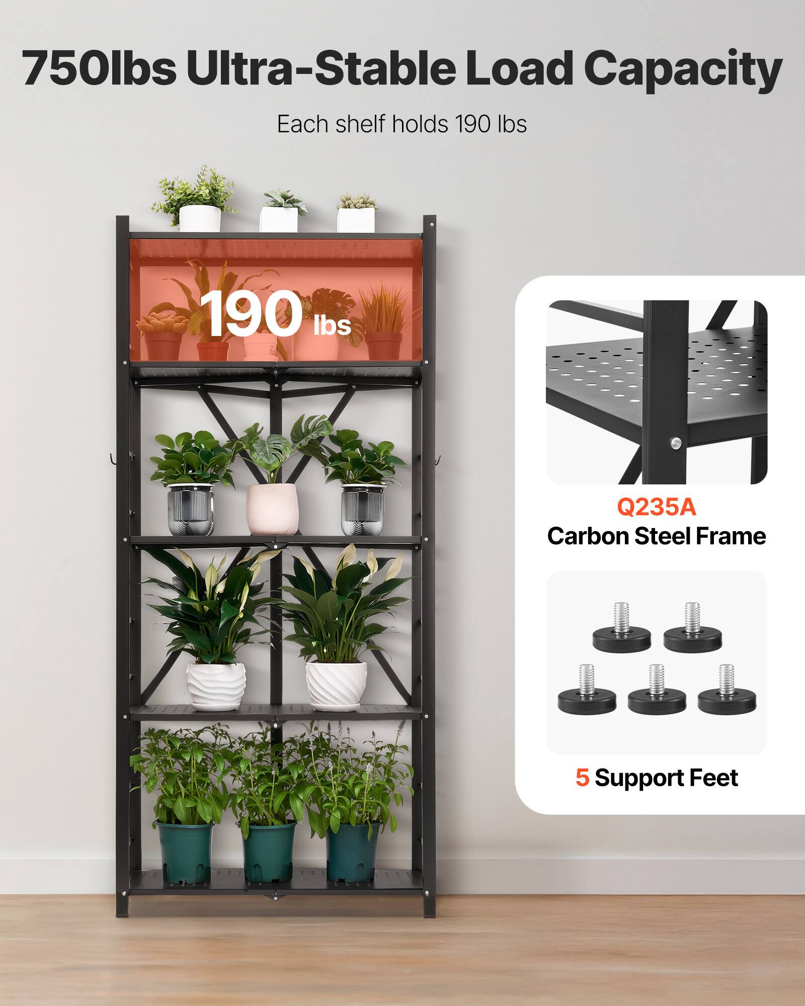 VEVOR 5 Tier Foldable Storage Shelf, 28Wx15Dx64H Inch Folding Metal ...