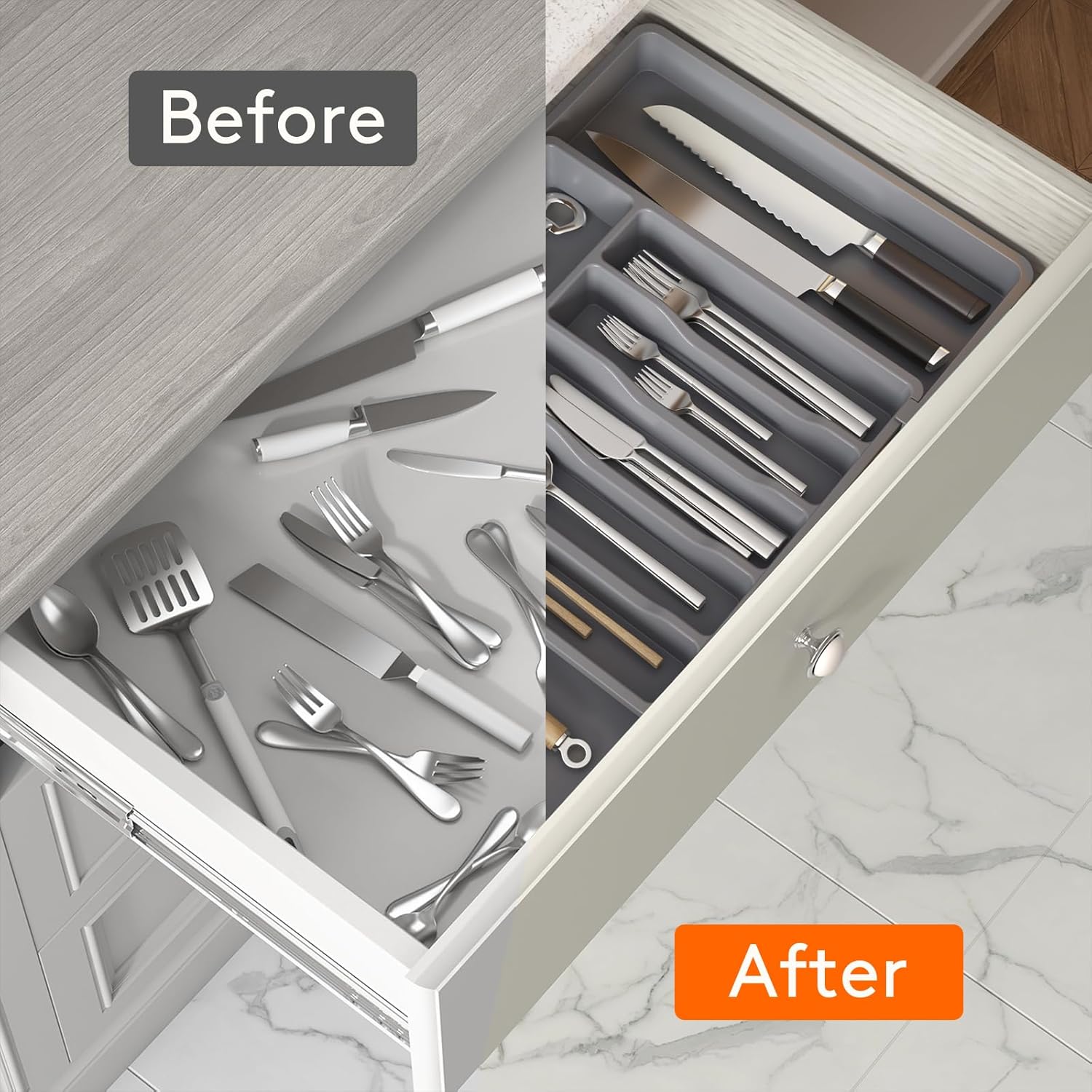 RTMB Expandable Silverware Tray, BPA Free Plastic, Dark Gray, Large ...