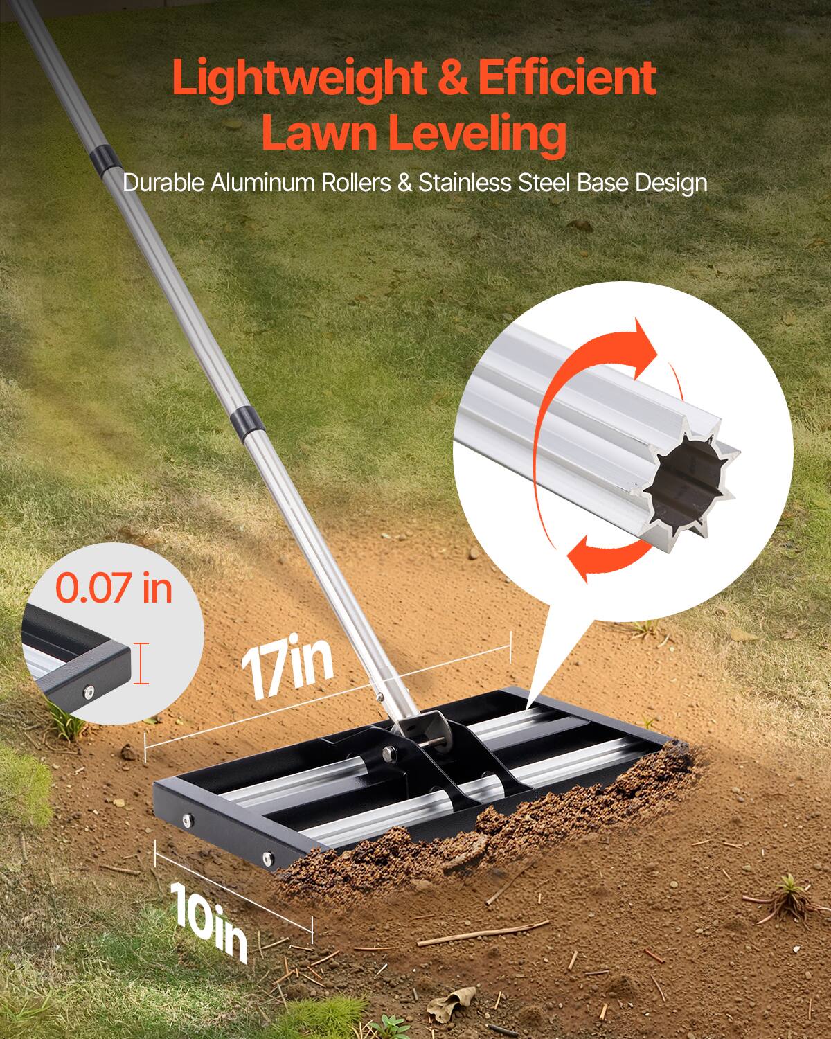 VEVOR Updated Lawn Leveling Rake with Roller, 17" x 10" Stainless Steel ...