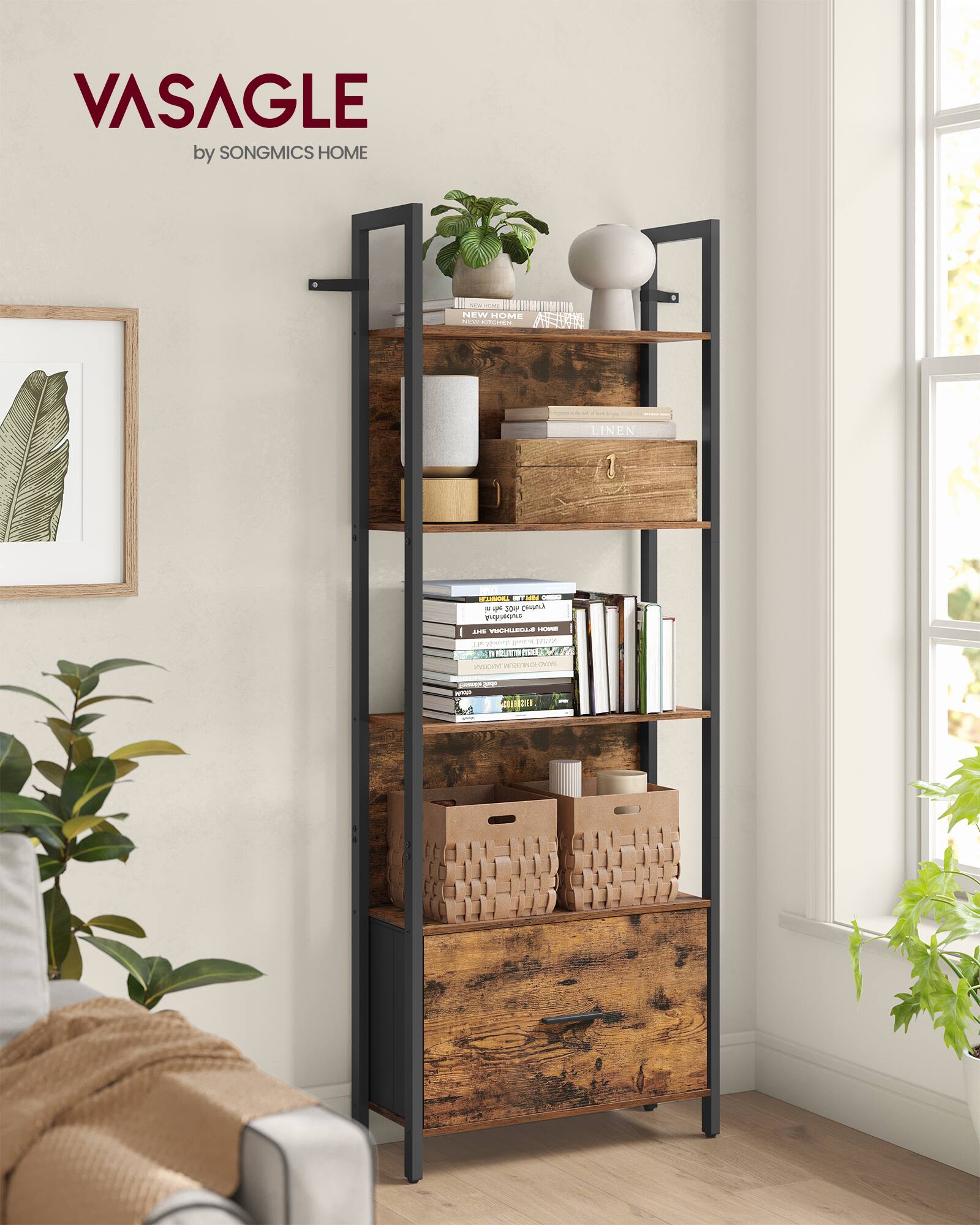 Songmics Home 5 Tier Bookshelf, Book Shelf with Drawer, Industrial ...