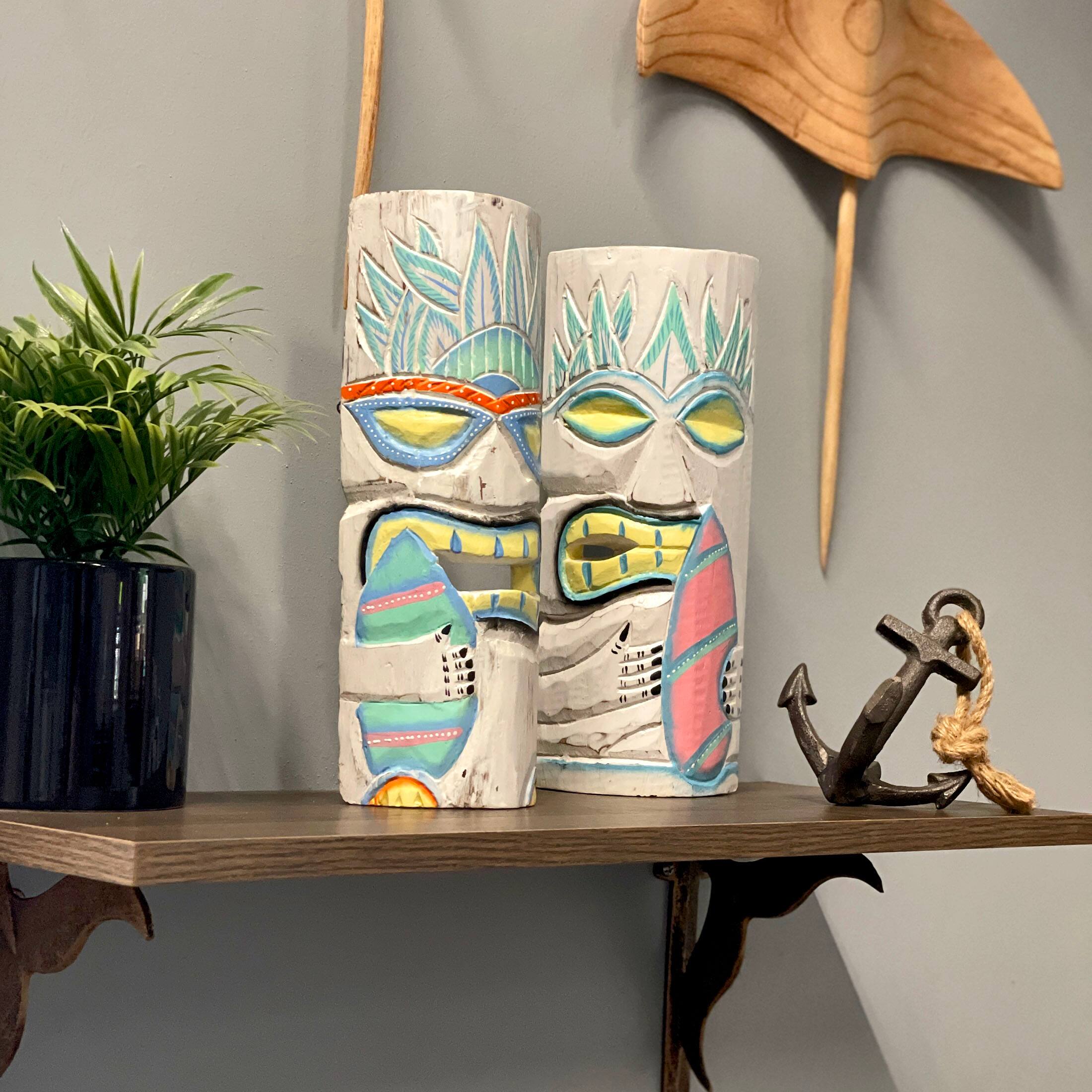 Chesapeake Bay Set of 2 Pastel Surfer Tiki Masks 12" Hand Carved Wooden ...
