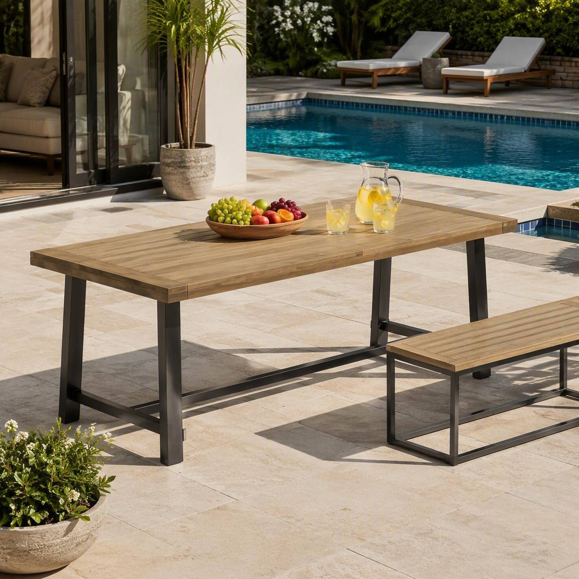 RYHNUYNE Outdoor Acacia Wood Dining Table with Rustic Grey Metal Frame ...