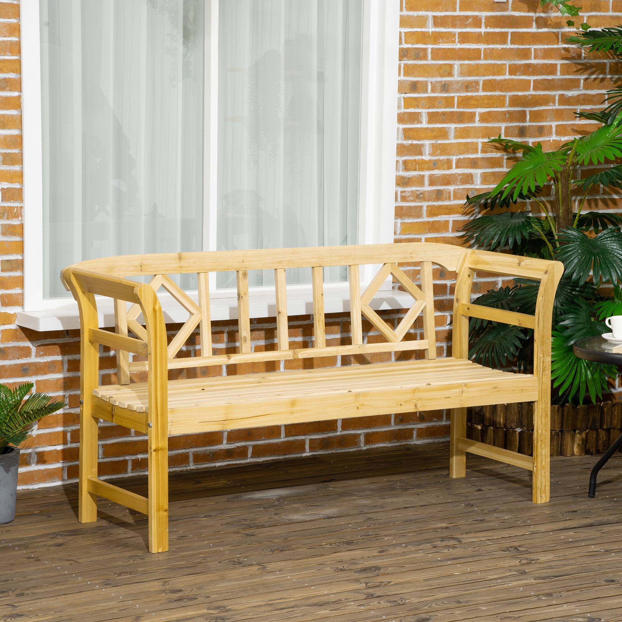 Outsunny Wooden Patio Bench, Outdoor Garden Bench with Backrest and ...